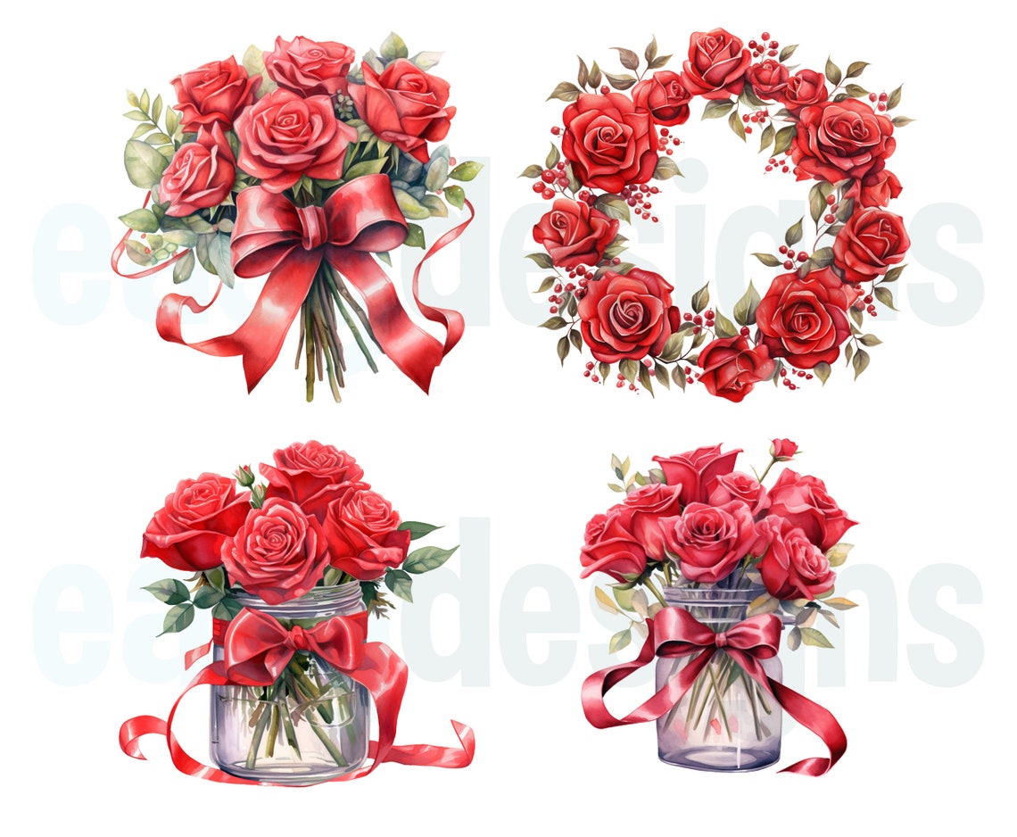 16 Watercolor Red Roses Floral Clipart Bundle, Digital Download PNG ...