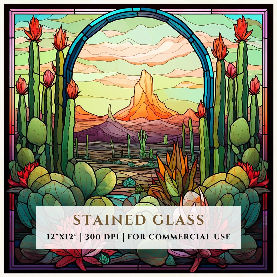 Cactus Stained Glass Pattern, Desert Landscape, Sublimation Designs ...