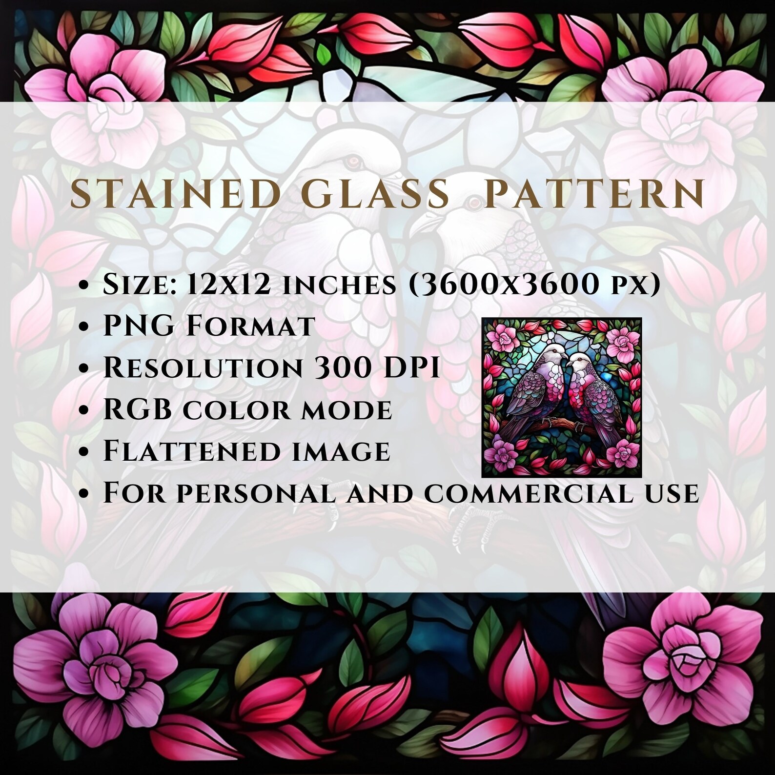Valentine Doves Stained Glass Pattern, Sublimation Designs, Stained ...