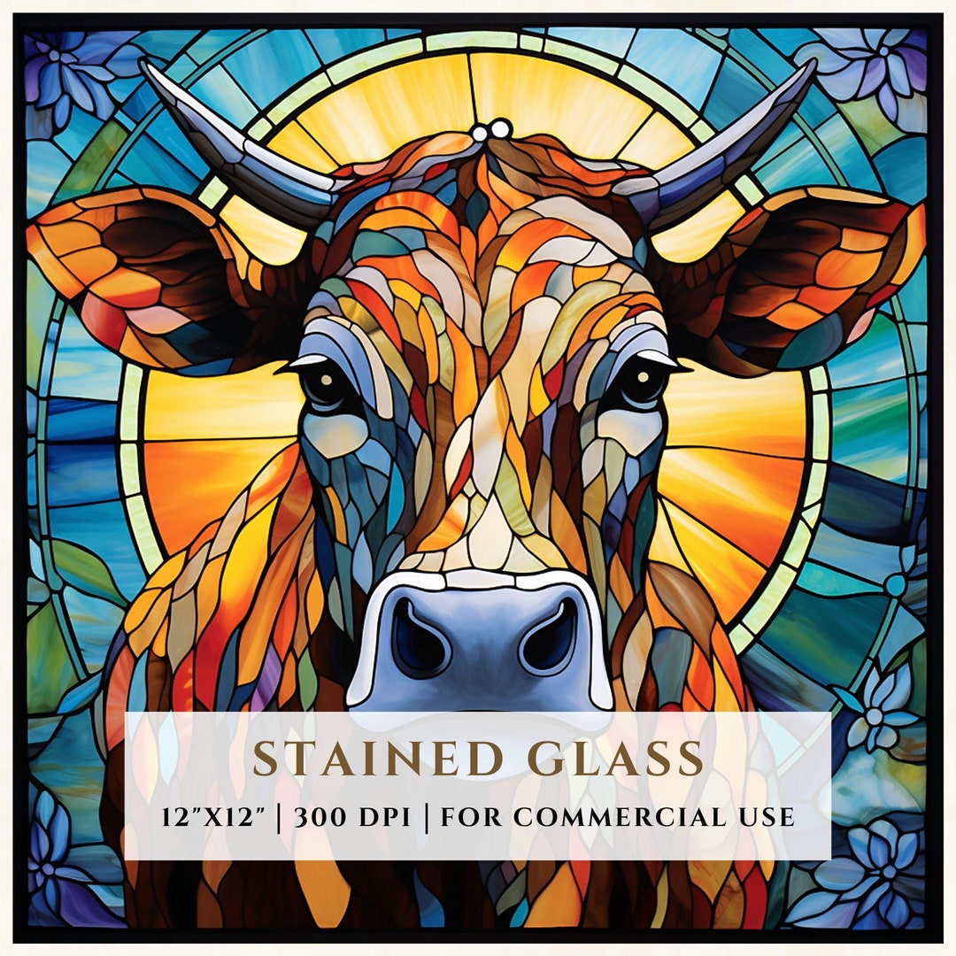 Cow Stained Glass Pattern, Sublimation Designs, Stained Glass PNG, Faux ...