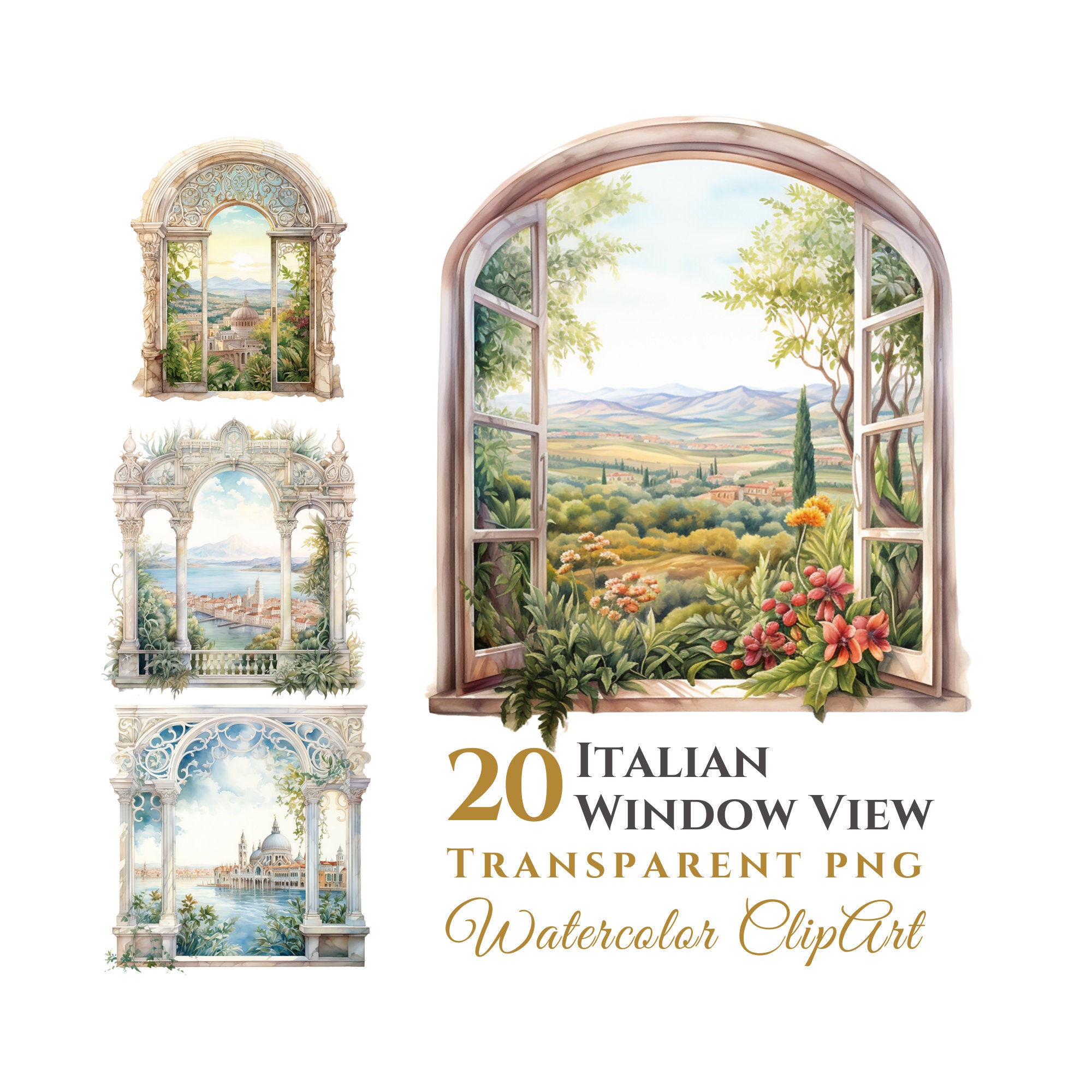 20 Italian Scenic Window View Watercolor Clipart Bundle, Transparent ...