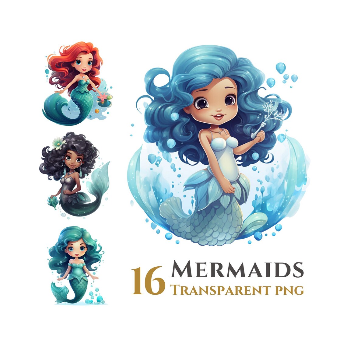 16 Cute Mermaids Clipart Bundle, Fantasy Art, Transparent Background ...