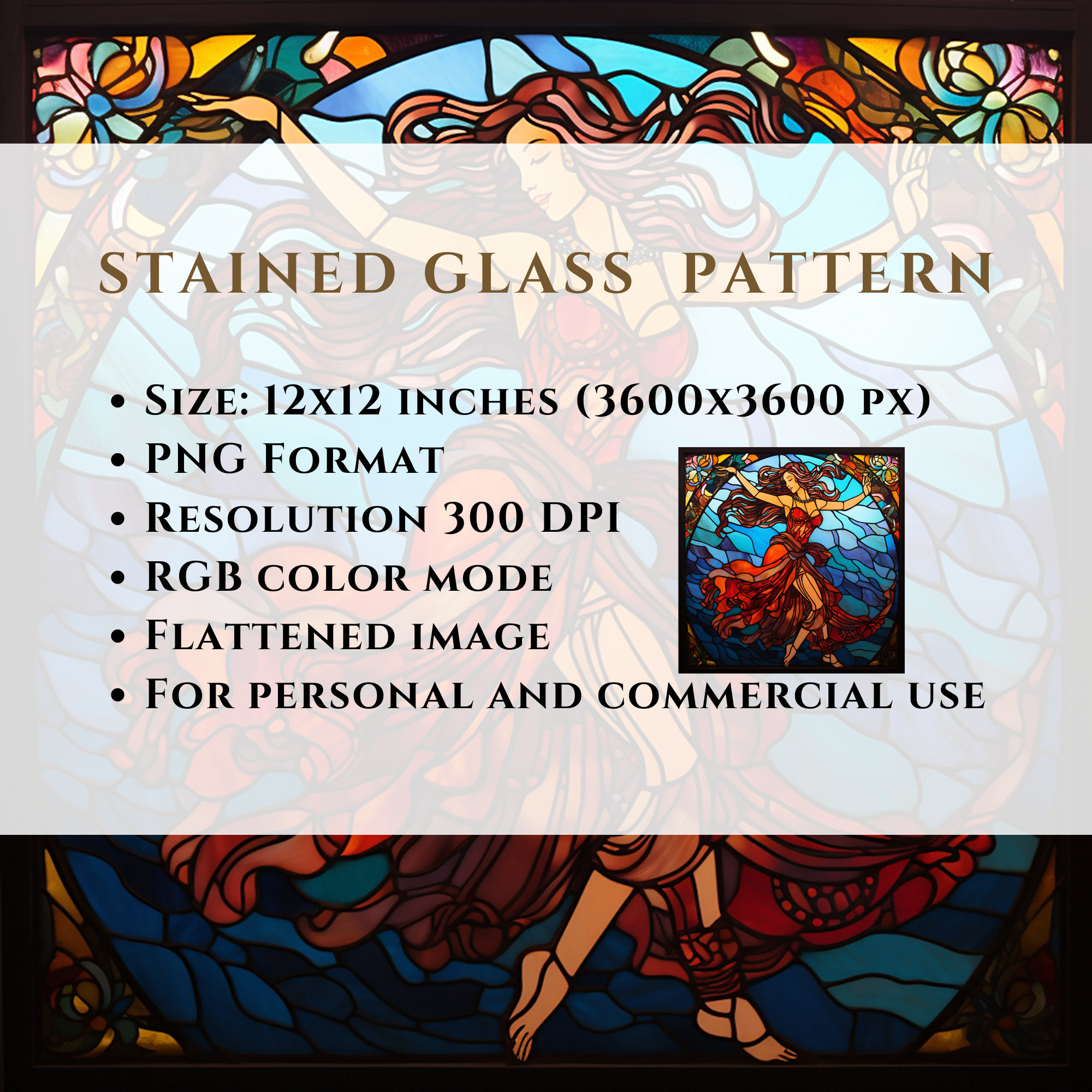 Dancing Girl Stained Glass Pattern, Sublimation Designs, Stained Glass ...