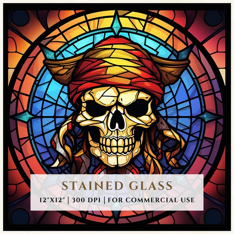 Pirate Motifs Stained Glass Pattern, Skull, Sublimation Designs ...