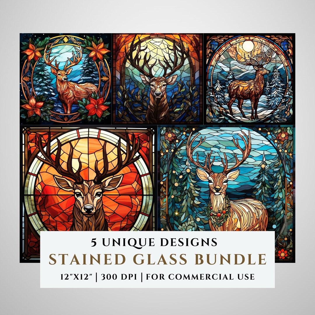 5 Reindeer Stained Glass Pattern Bundle, Sublimation Designs, Stained ...