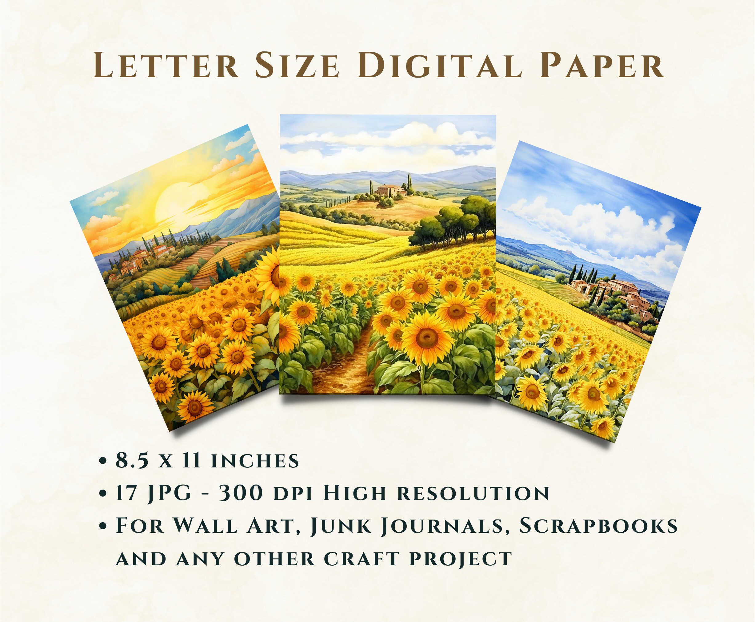 17 Sunflower Fields Printable Digital Paper Bundle, Watercolor, Instant ...
