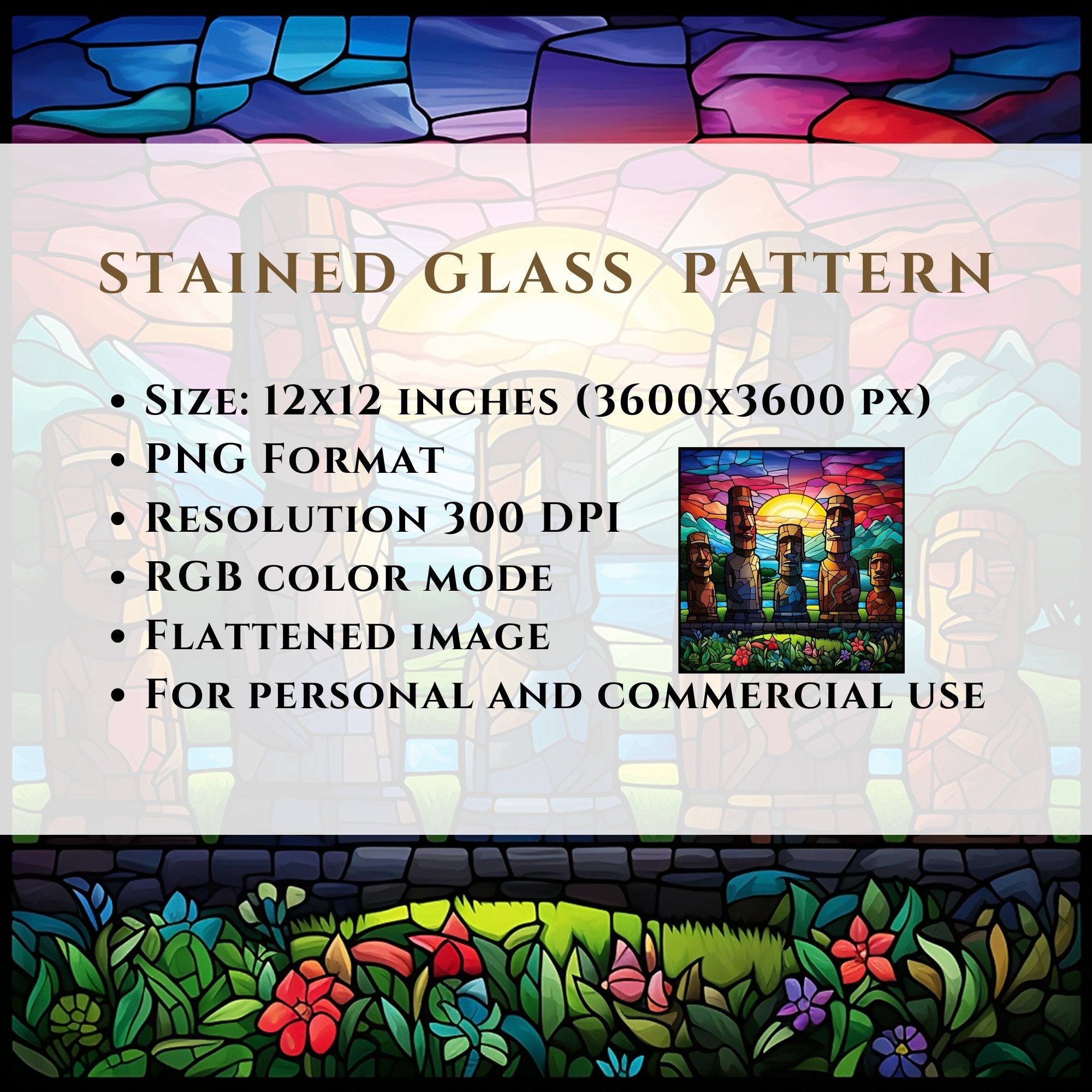 Easter Island Stained Glass Pattern, Moai Statues, Sublimation Designs ...