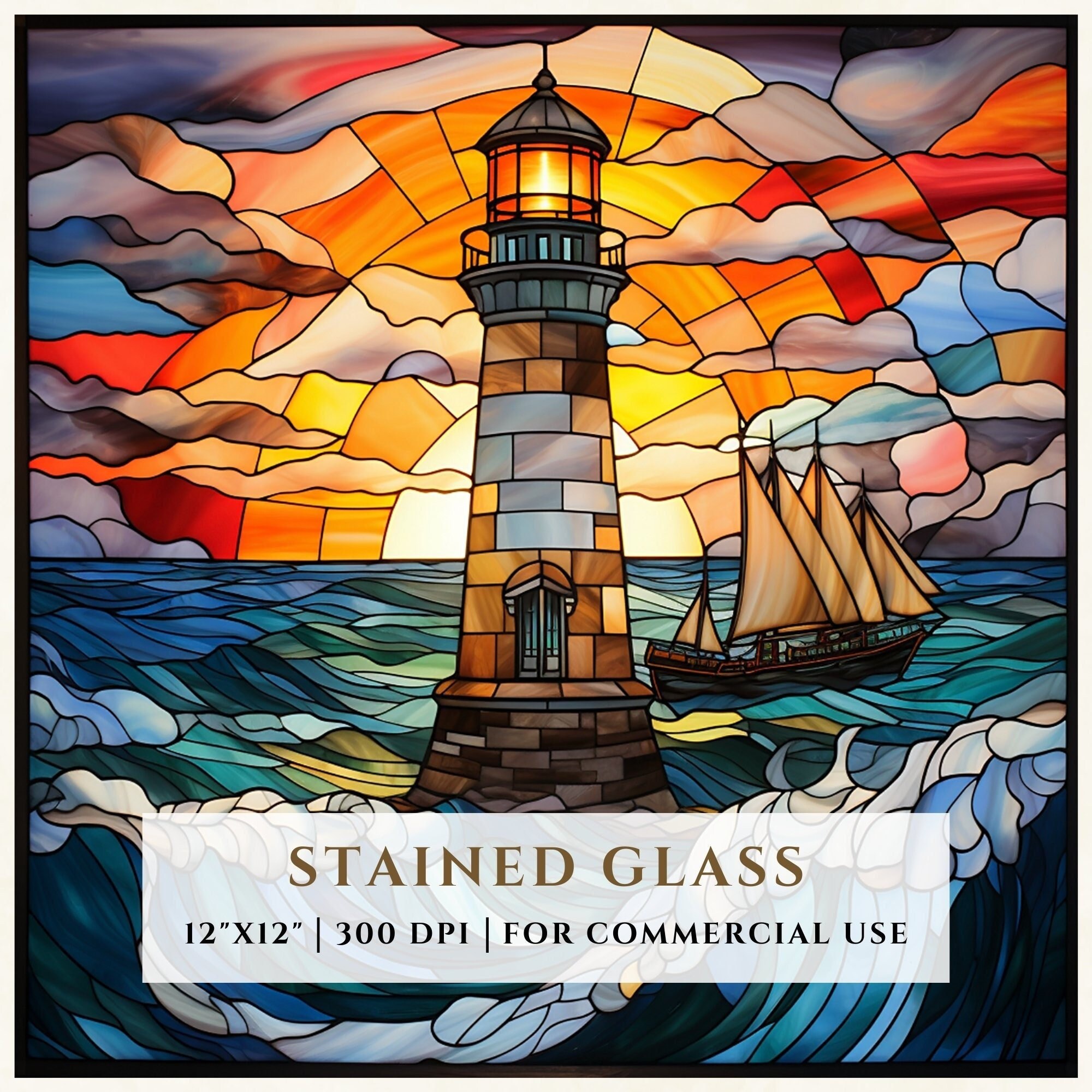 Lighthouse Stained Glass Pattern, Ocean Waves, Sublimation Designs ...