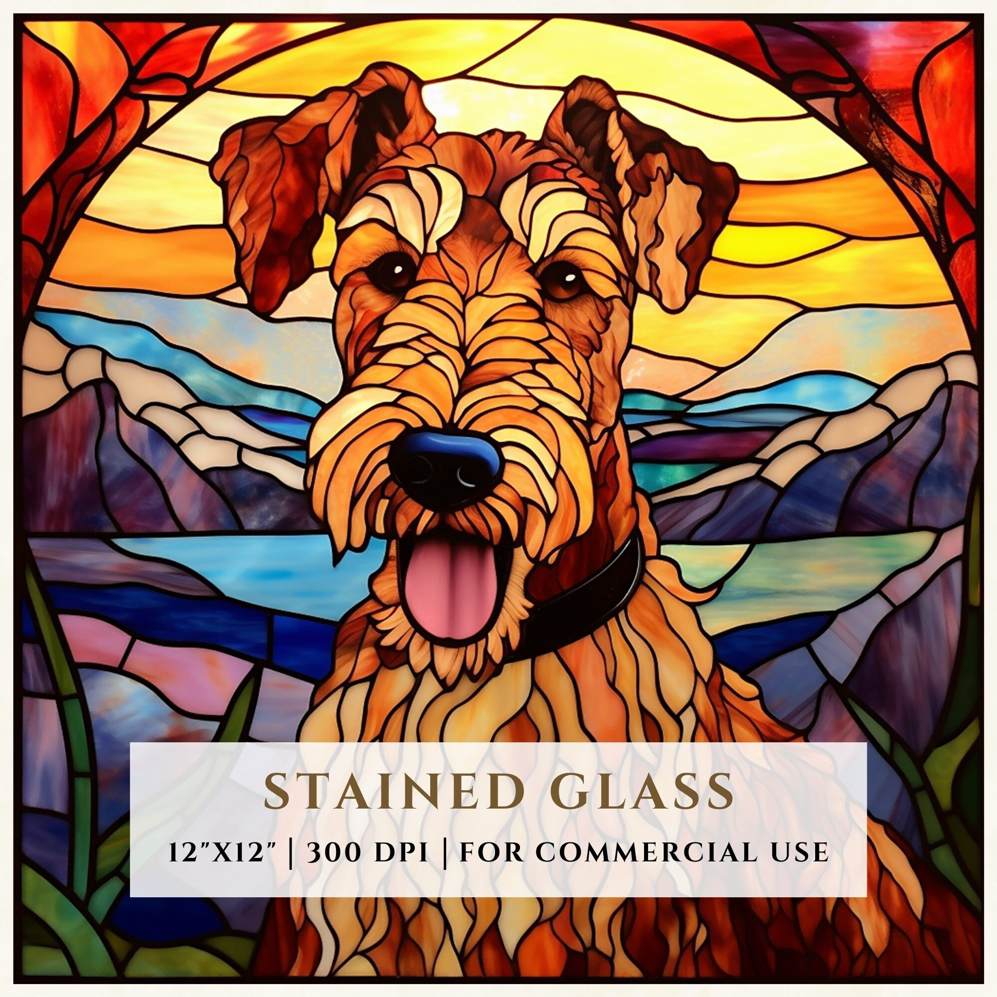 Airedale Terrier Dog Stained Glass Pattern, Sublimation Designs ...