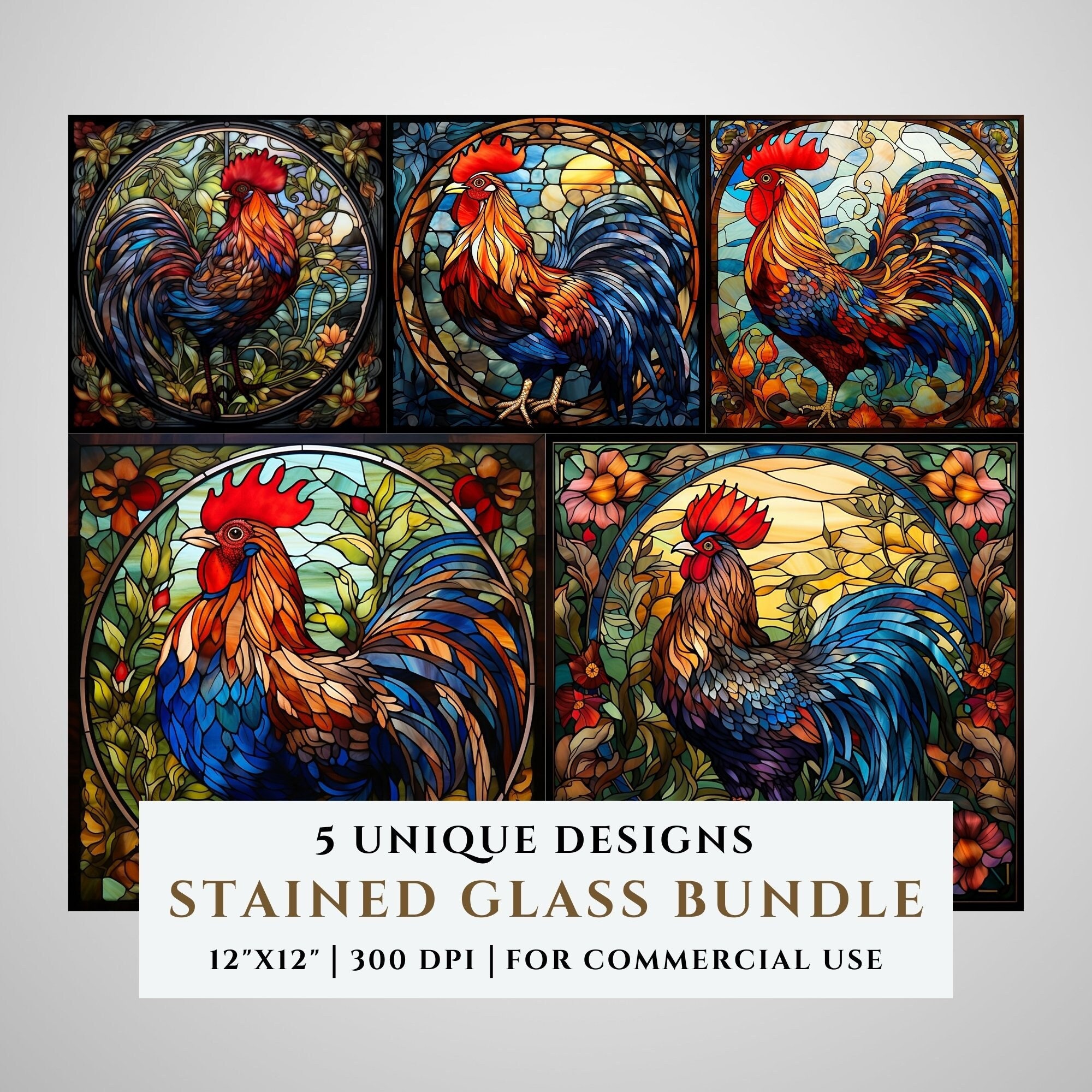 5 Rooster Stained Glass Pattern Bundle, Sublimation Designs, Stained ...