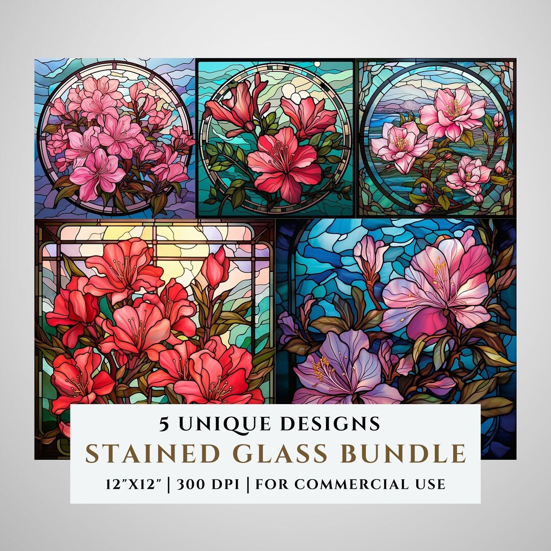 5 Azalea Flowers Stained Glass Pattern Bundle, Sublimation Designs ...