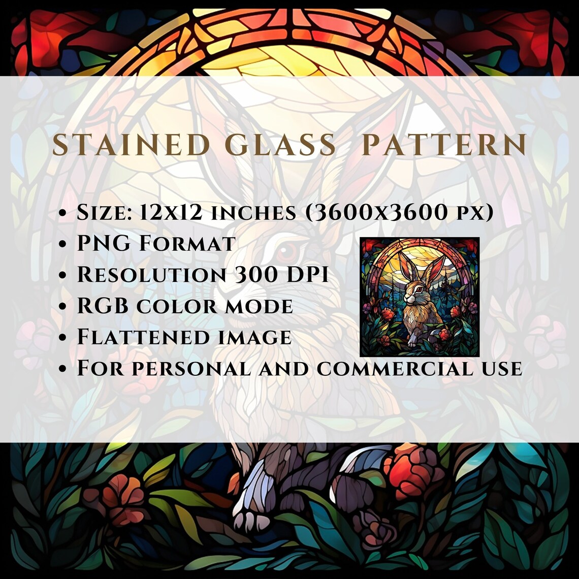 Rabbit Stained Glass Pattern, Sublimation Designs, Stained Glass PNG ...