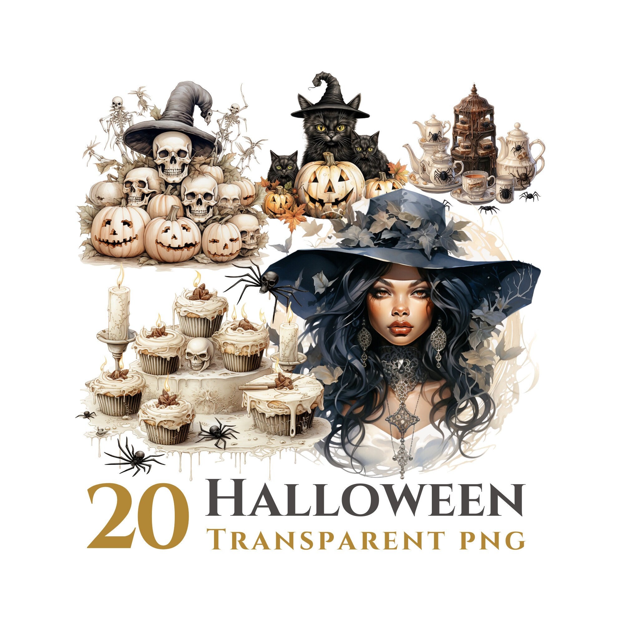 20 Halloween Clipart Bundle, Watercolor, Transparent Background PNG ...