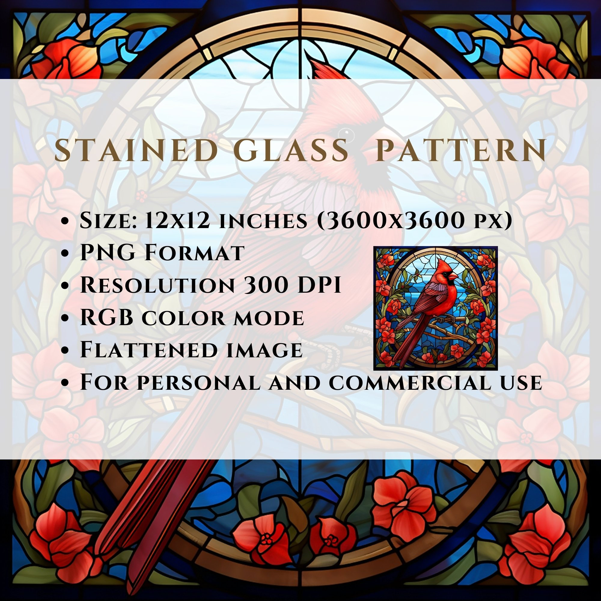 Red Cardinal Bird Stained Glass Pattern, Sublimation Designs, Stained ...