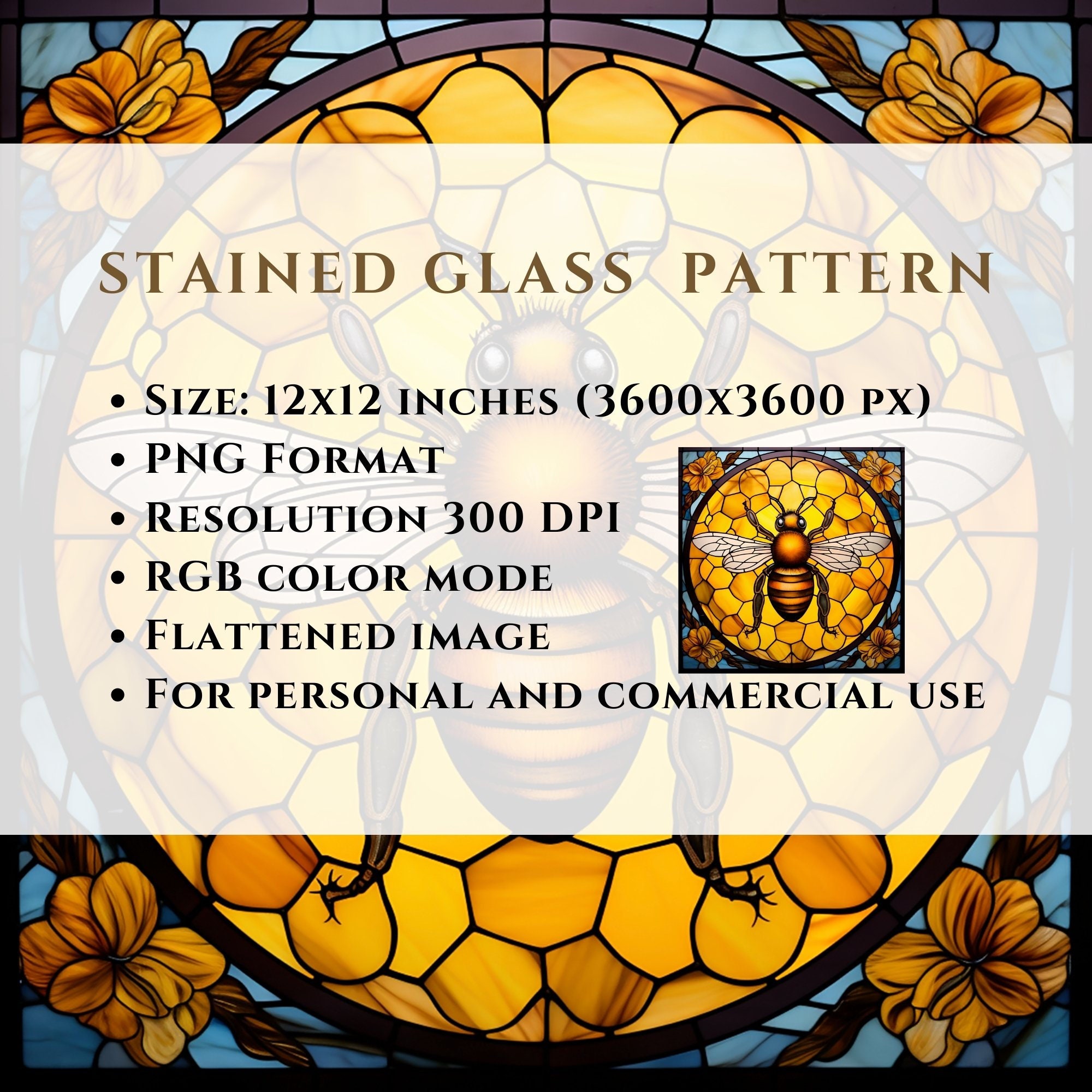 Honey Bee Stained Glass Pattern, Sublimation Designs, Stained Glass PNG ...