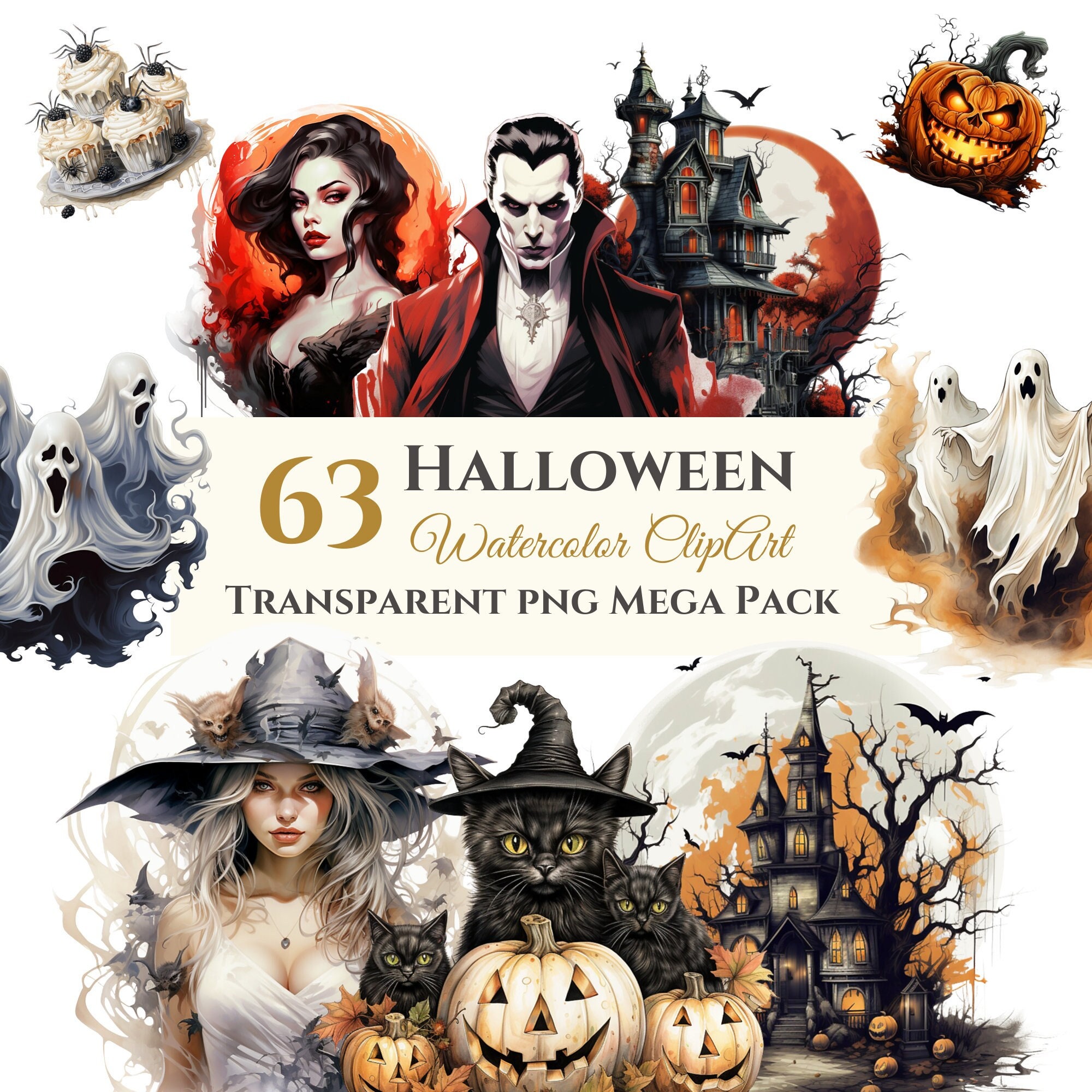 63 Halloween Large Clipart Bundle, Watercolor, Transparent Background ...