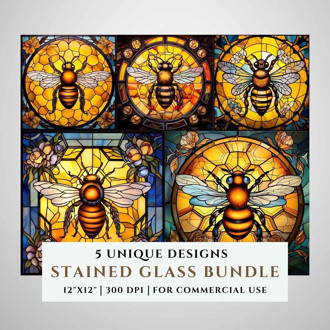 5 Honey Bee Stained Glass Pattern Bundle, Sublimation Designs, Stained ...