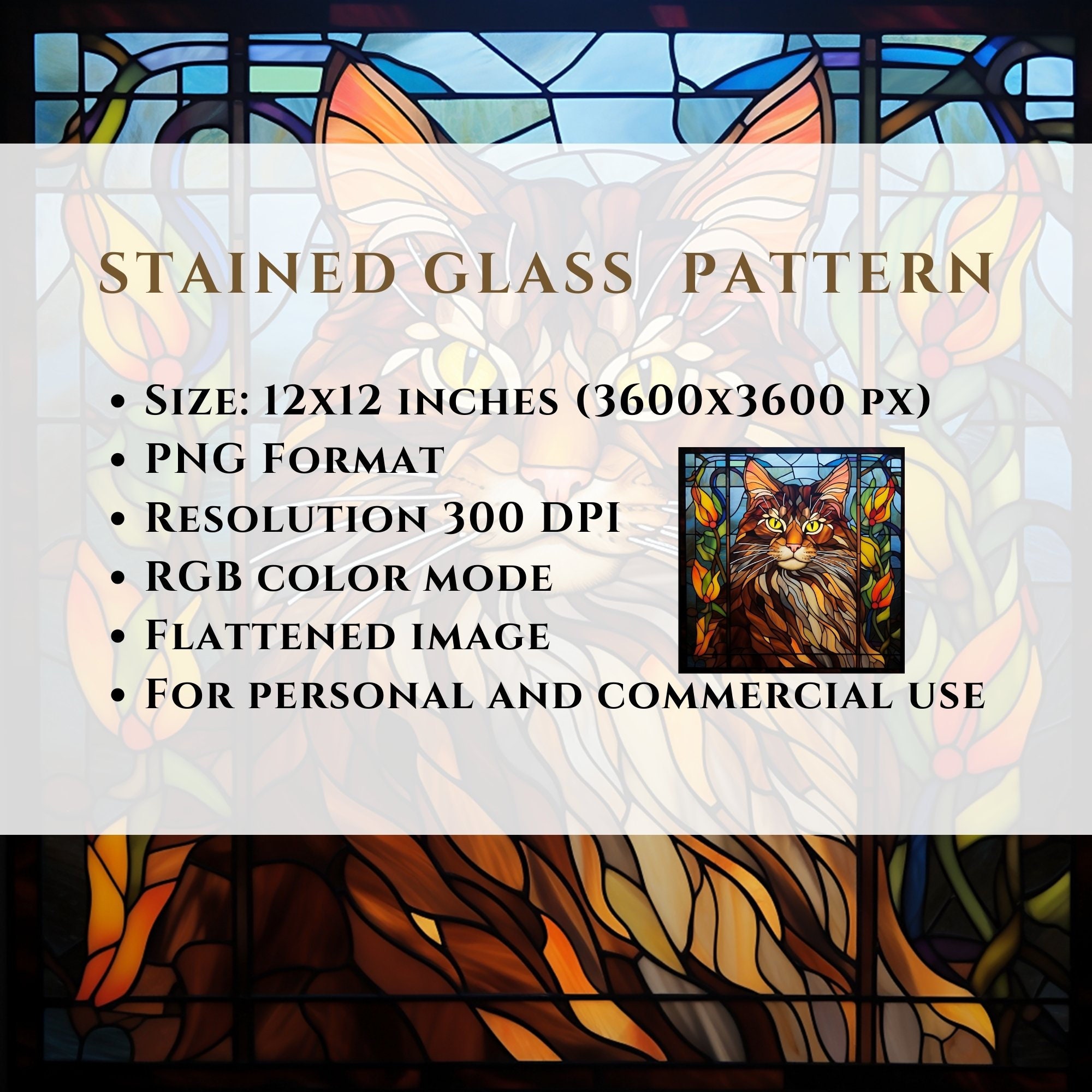 Maine Coon Cat Stained Glass Pattern, Cute Kitten, Sublimation Designs ...