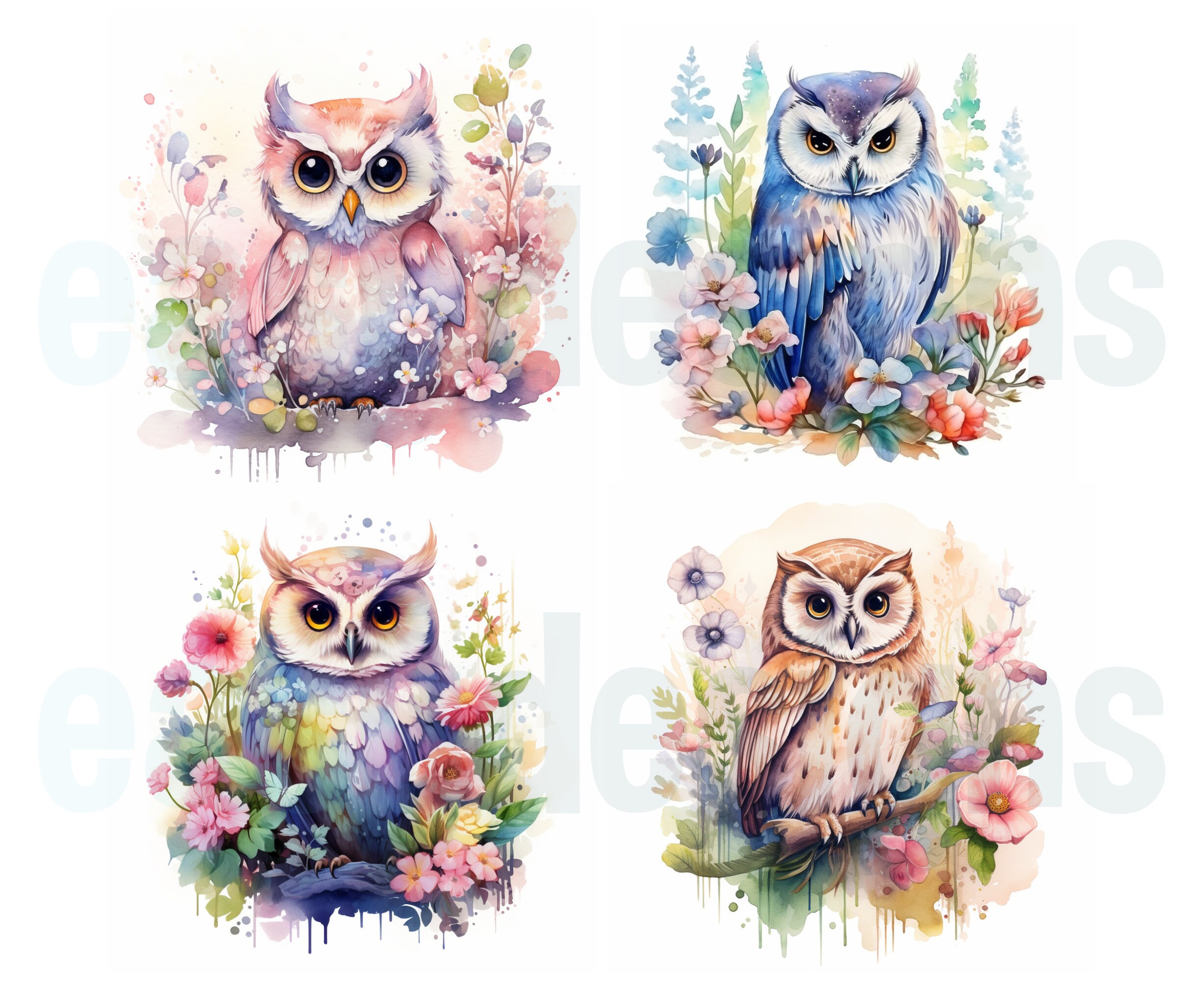 28 Watercolor Owls Floral Clipart Bundle, Digital Graphics, Instant ...