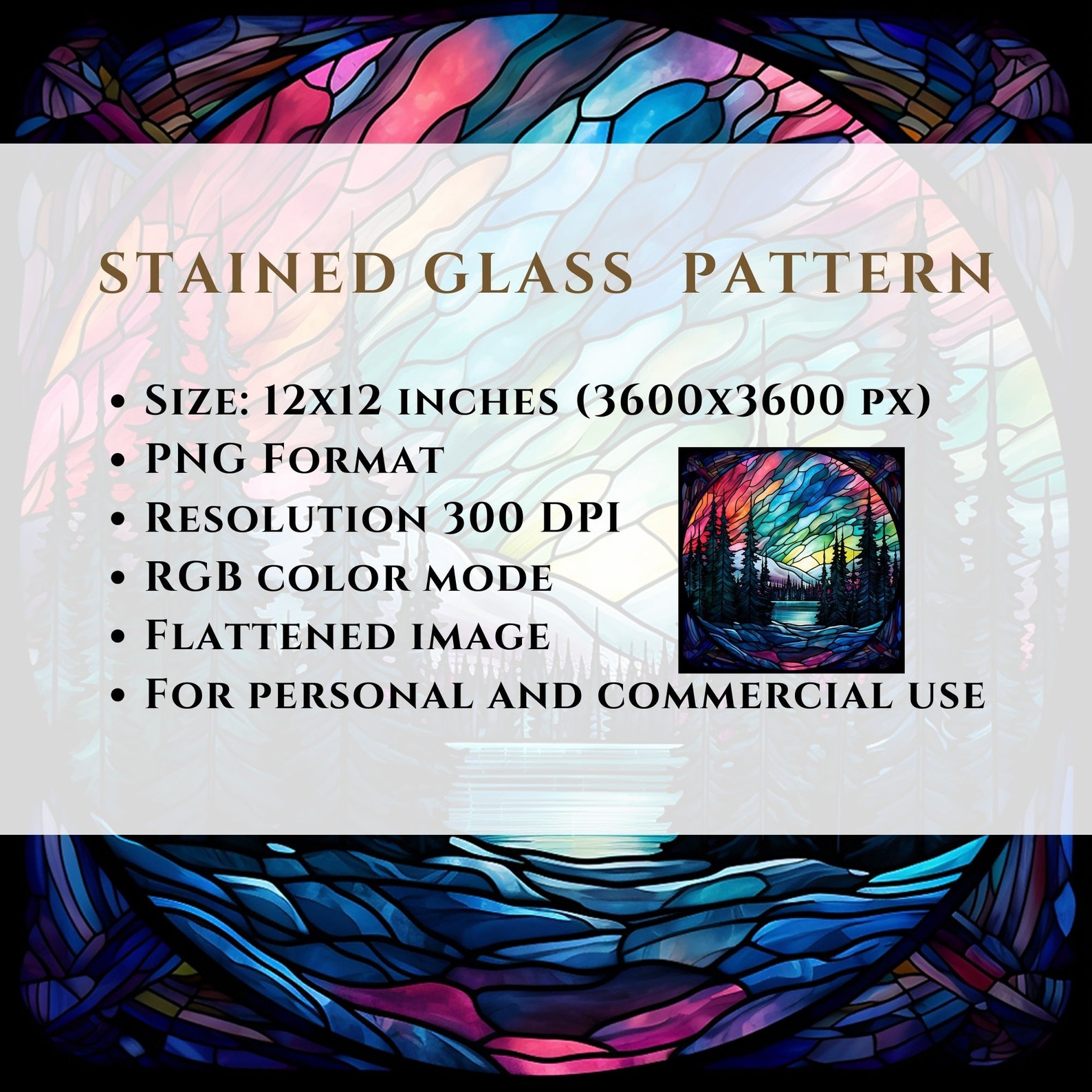 Northern Lights Stained Glass Pattern, Sublimation Designs, Stained ...