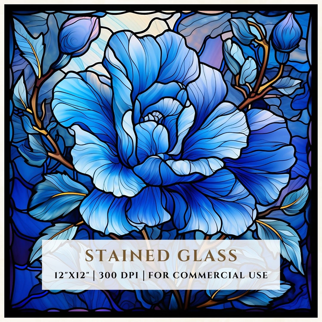 Blue Flower Stained Glass Pattern, Sublimation Designs, Stained Glass ...