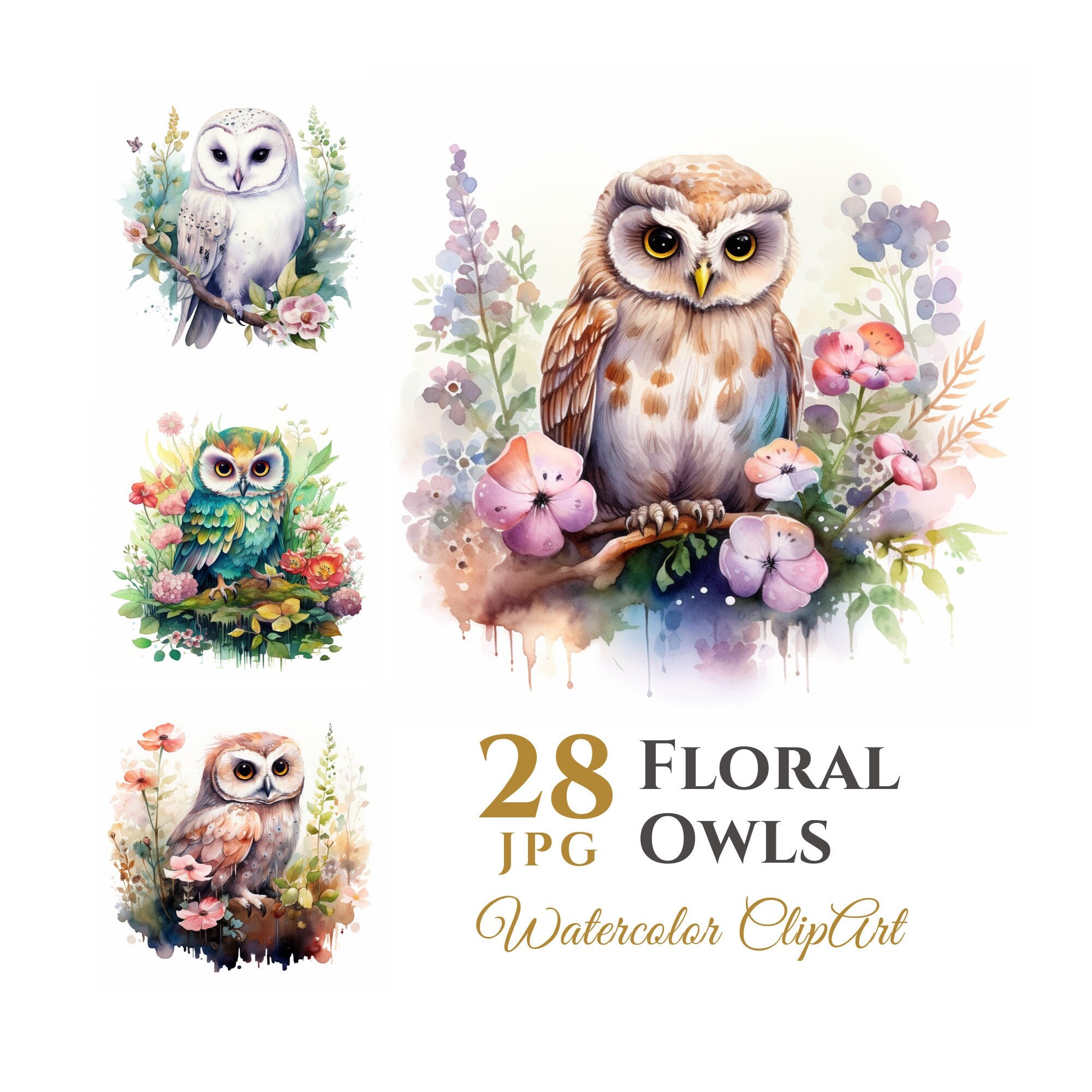 28 Watercolor Owls Floral Clipart Bundle, Digital Graphics, Instant ...