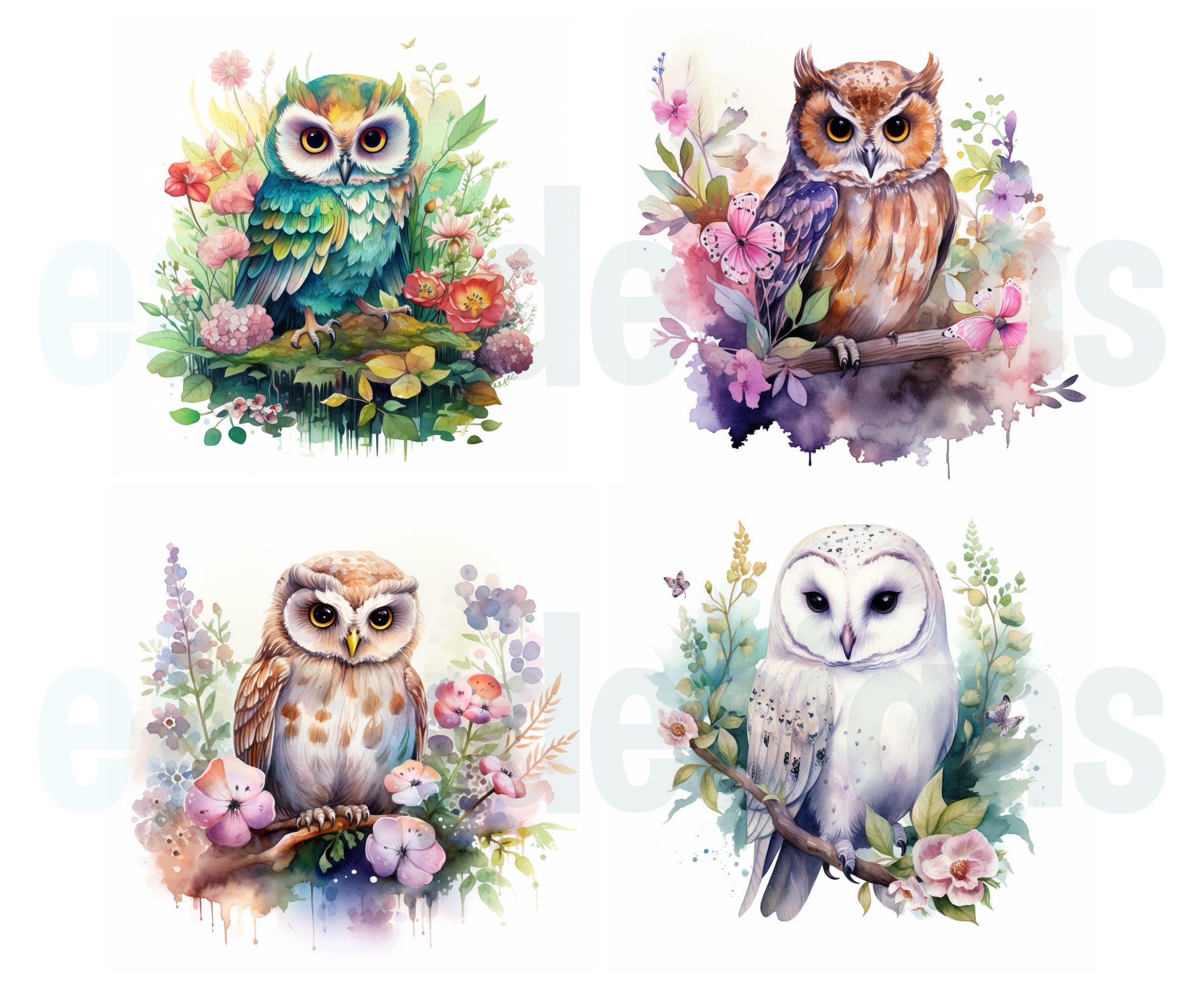 28 Watercolor Owls Floral Clipart Bundle, Digital Graphics, Instant ...