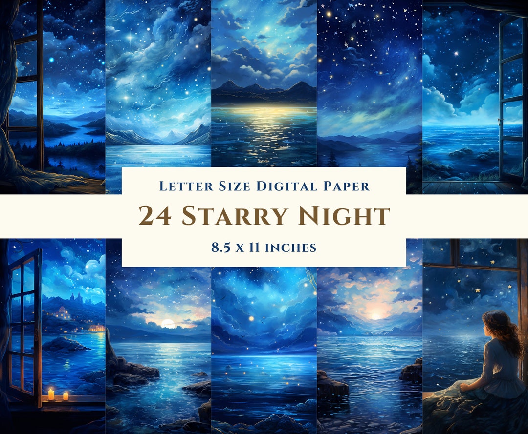 24 Starry Night Printable Digital Paper Bundle, Watercolor, Letter Size ...