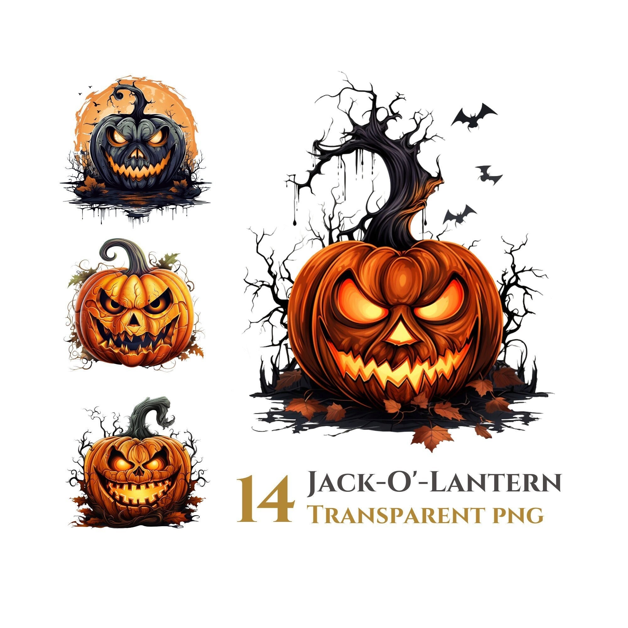 14 Jack-o'lantern Halloween Clipart Bundle Transparent - Etsy