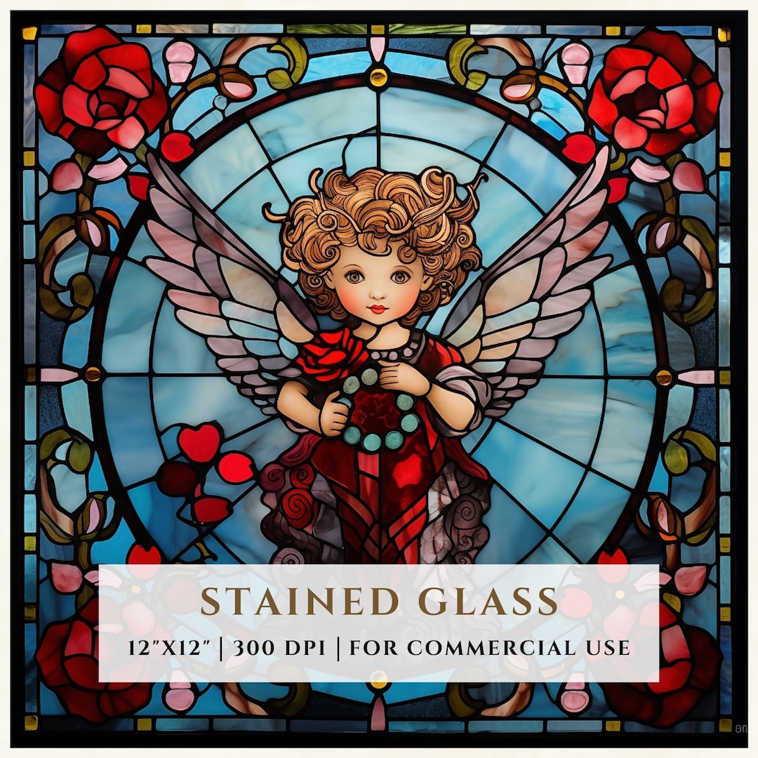 Valentine Cupid Stained Glass Pattern, Sublimation Designs, Stained ...