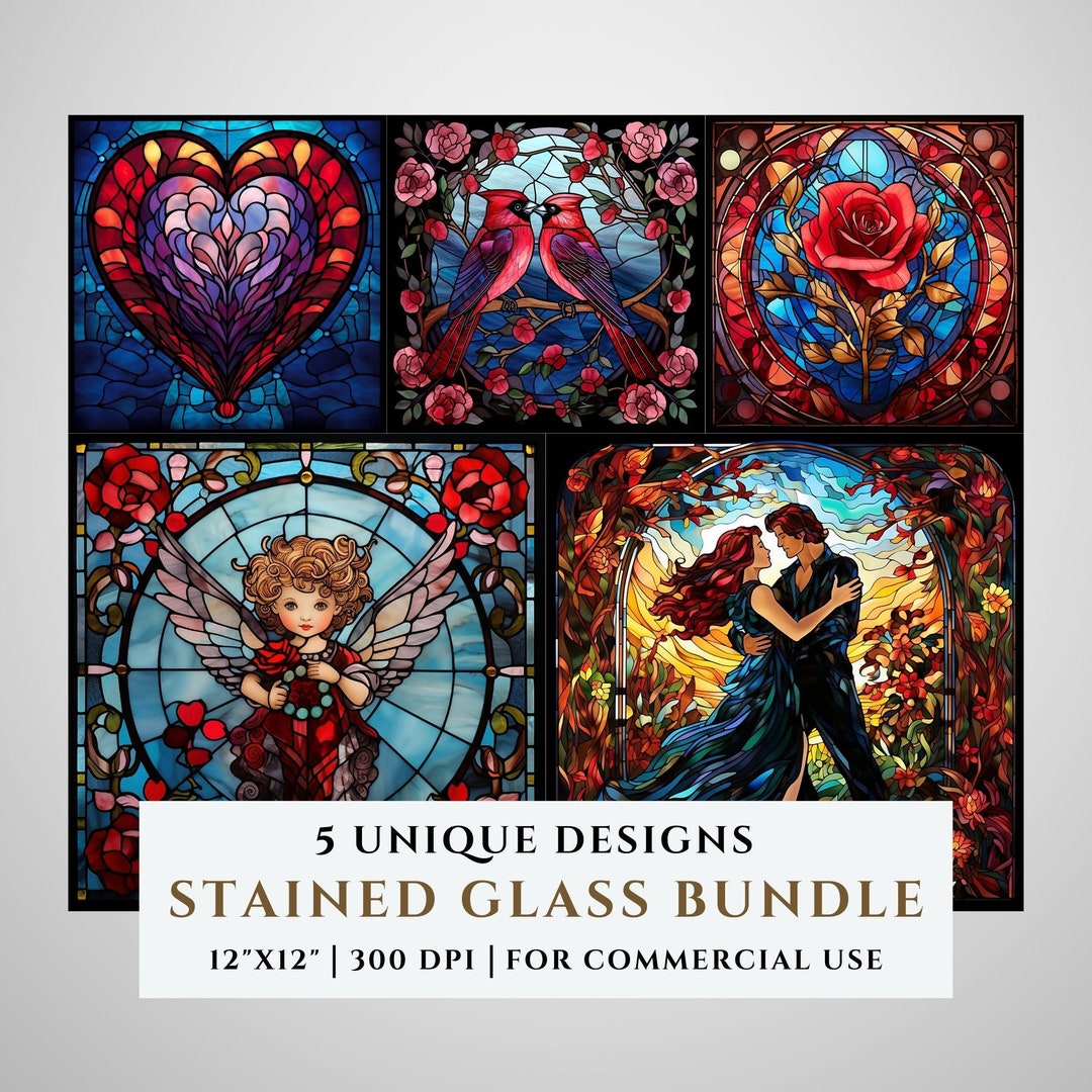 5 Valentine Day Motifs Stained Glass Pattern Bundle, Valentine's ...