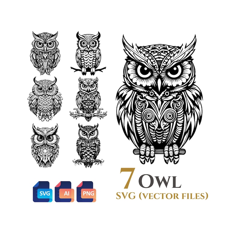 7 Owl Svg Vector Clipart Bundle, Transparent Background, Instant ...
