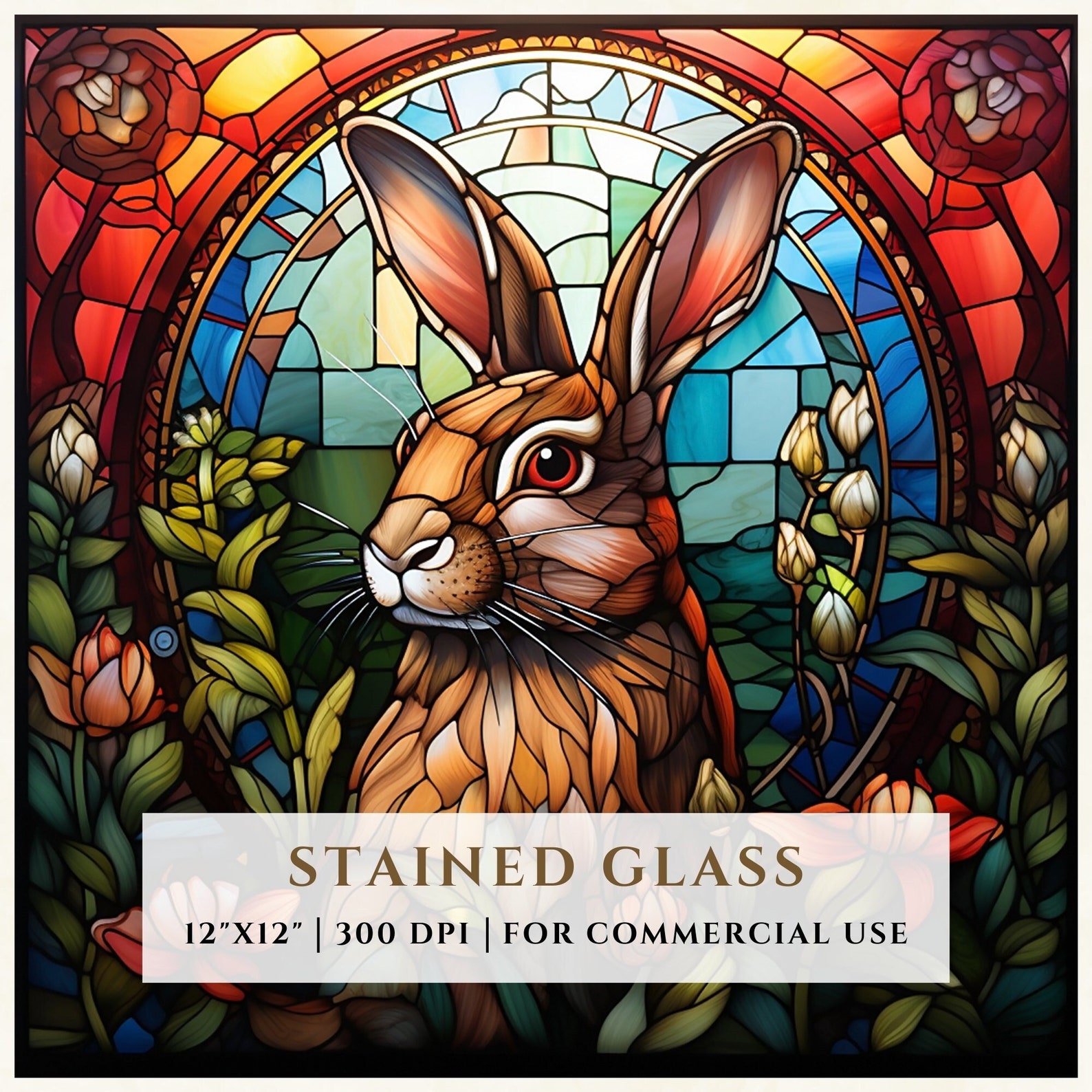 Rabbit Stained Glass Pattern, Sublimation Designs, Stained Glass PNG ...