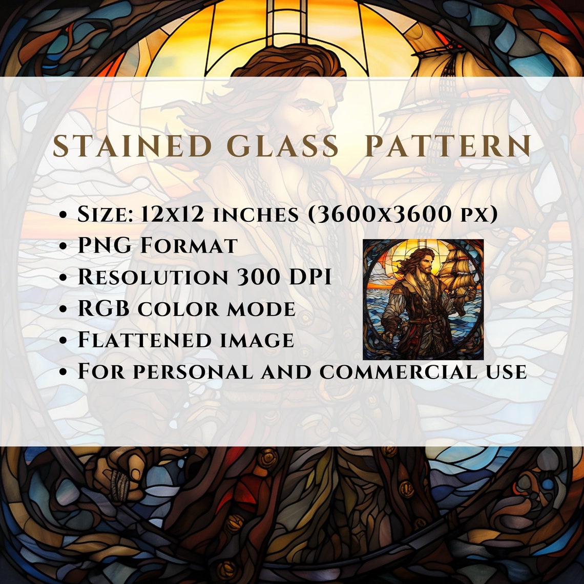 Pirate Corsair Stained Glass Pattern, Sublimation Designs, Stained ...