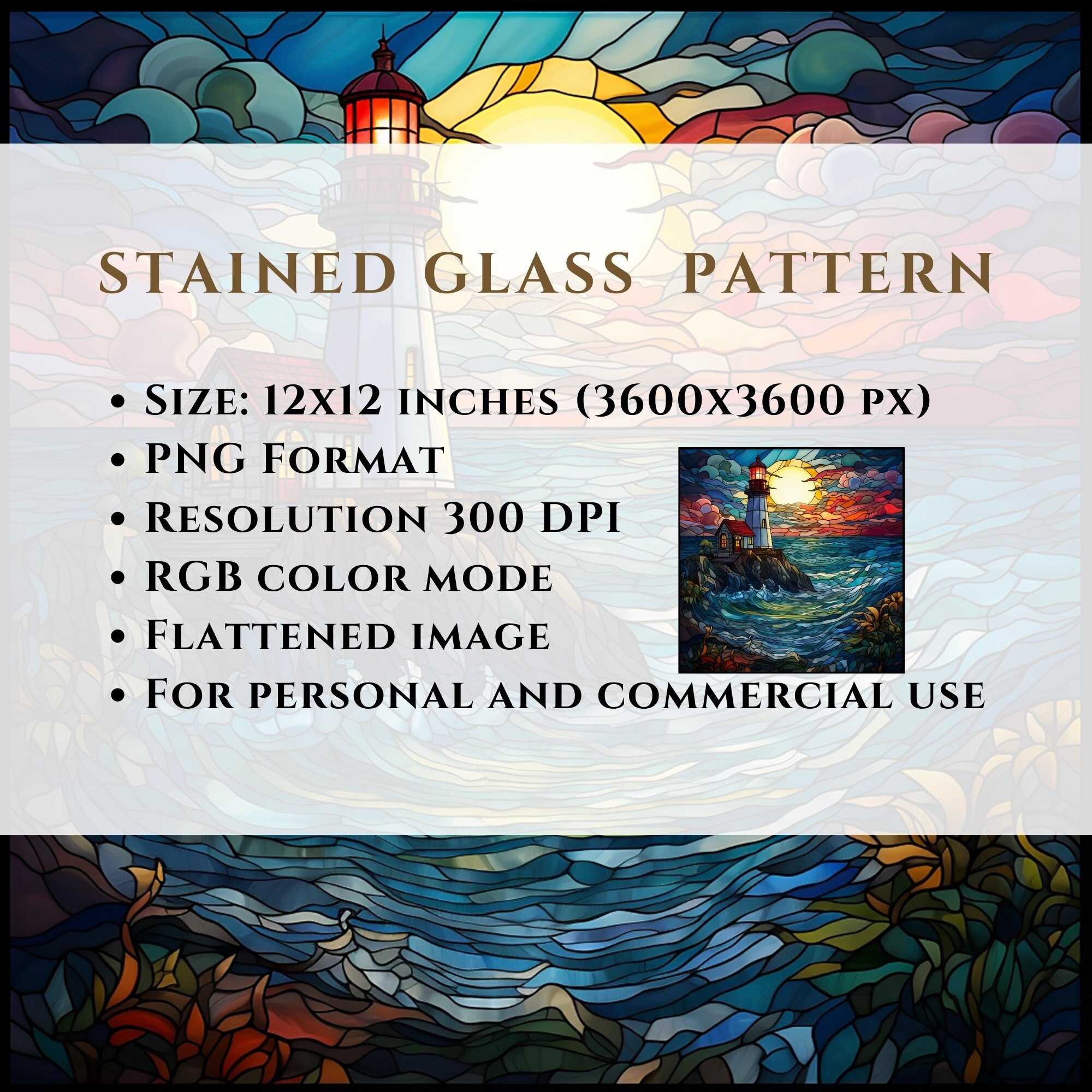 Lighthouse Stained Glass Pattern, Ocean Waves, Sublimation Designs ...