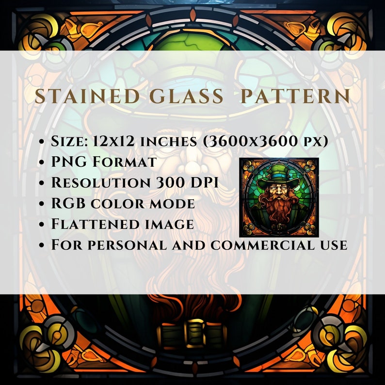 Leprechaun Stained Glass Pattern, St. Patrick's Day Motifs, Sublimation ...