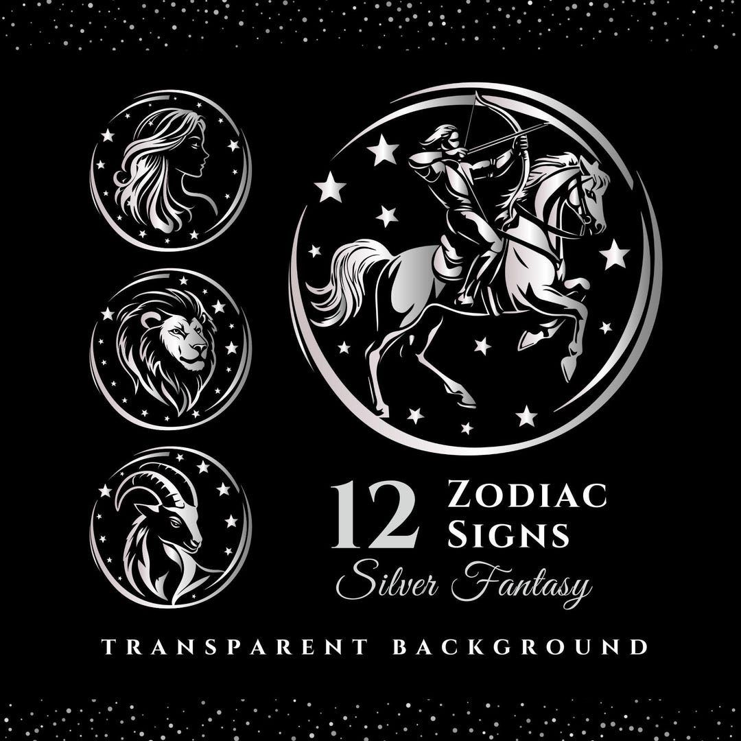 Zodiac Signs Clipart Bundle, Silver, Fantasy Horoscope, Transparent ...