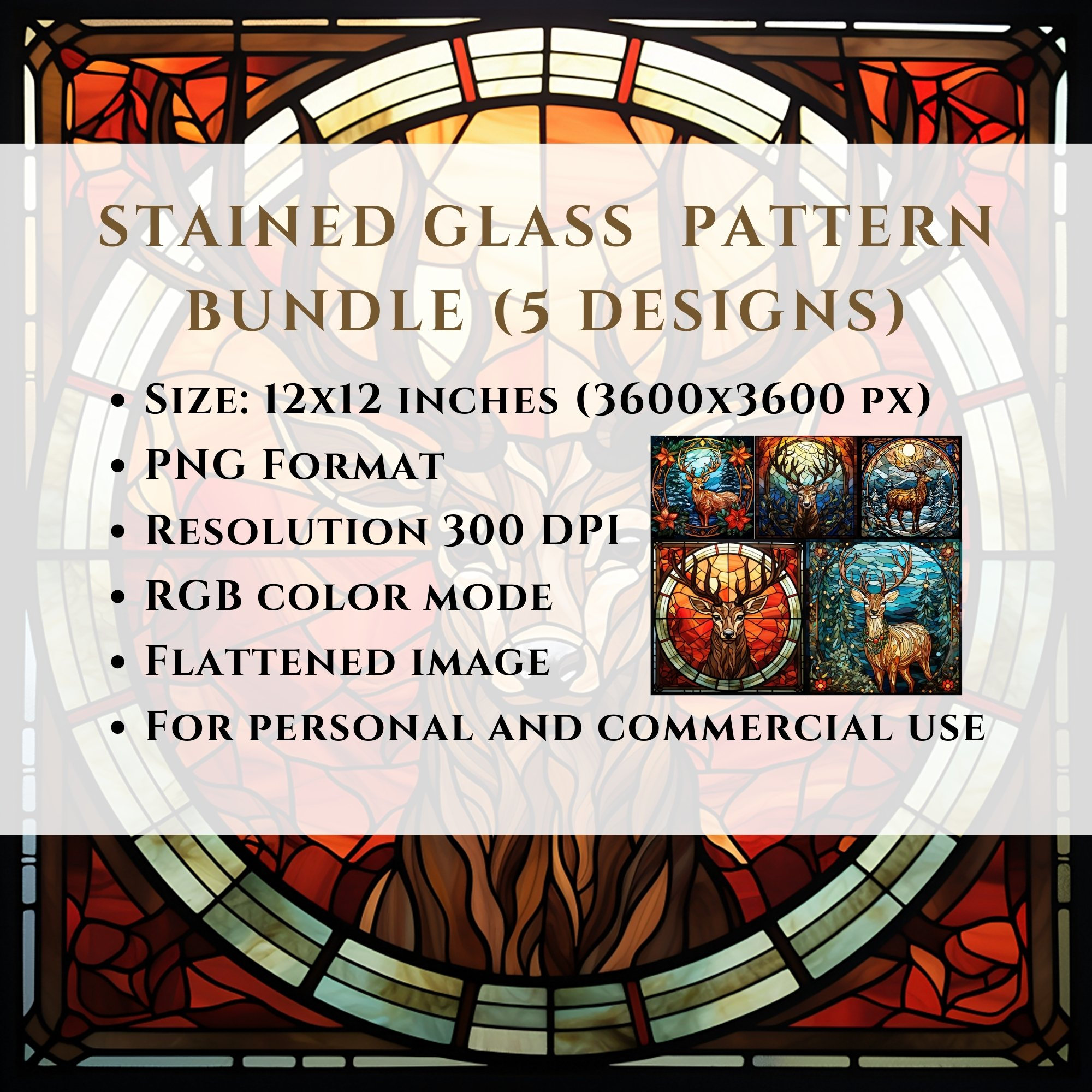 5 Reindeer Stained Glass Pattern Bundle, Sublimation Designs, Stained ...