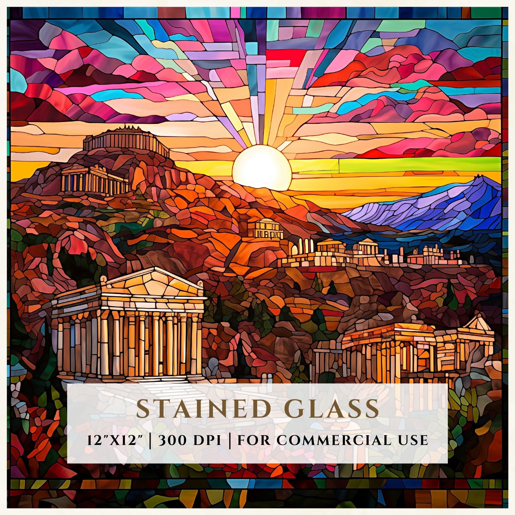 Scenic Athens Stained Glass Pattern, Greece, Sublimation Designs ...