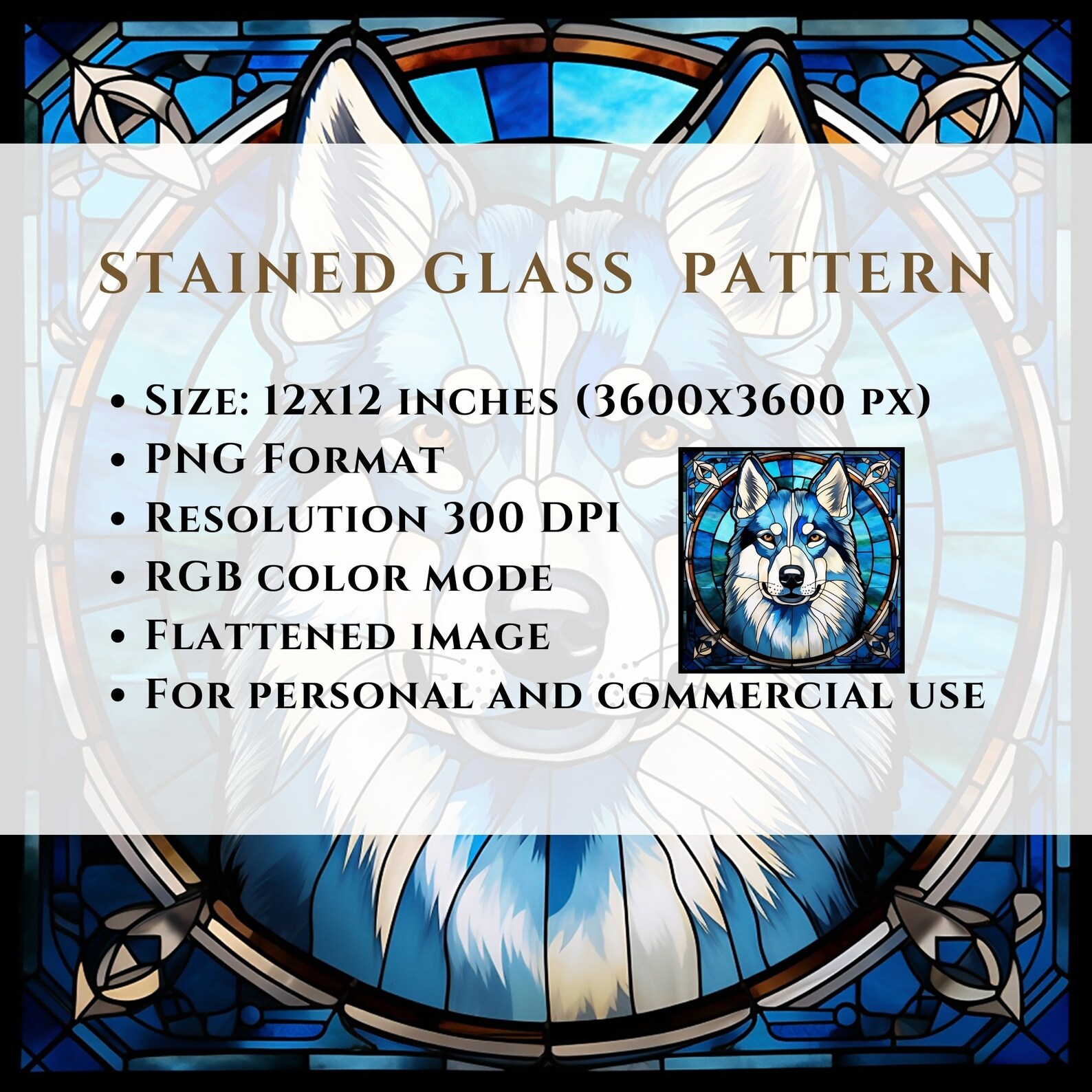 Siberian Husky Dog Stained Glass Pattern, Sublimation Designs, Stained ...