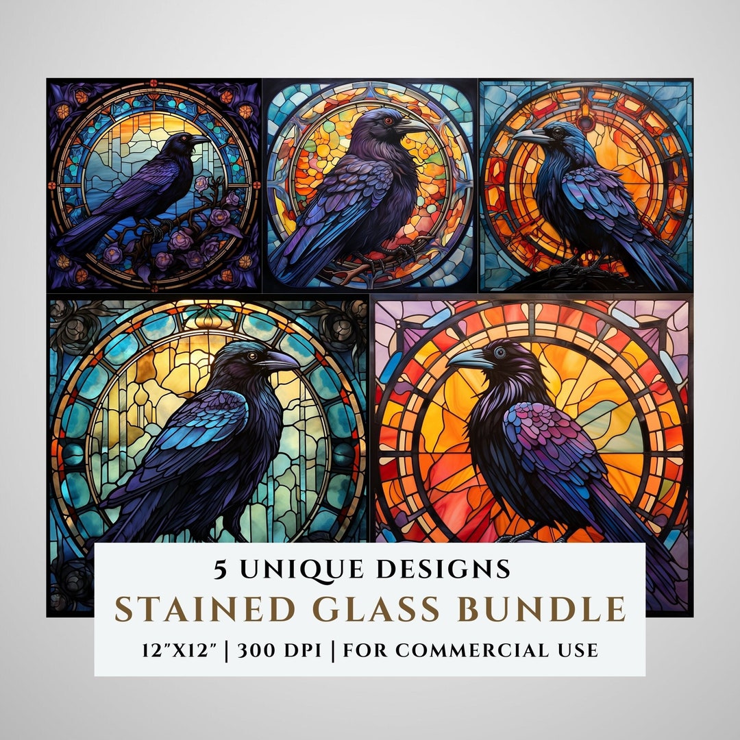 5 Raven Stained Glass Pattern Bundle, Sublimation Designs, Stained ...