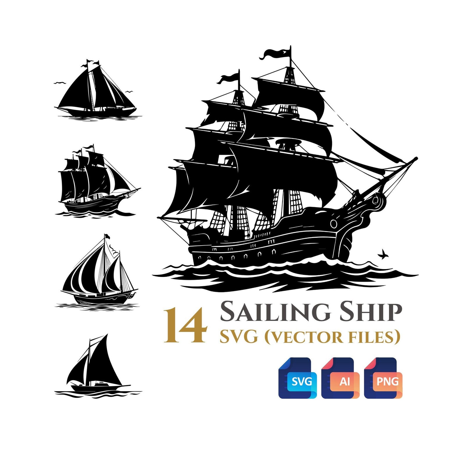 14 Sailing Ship Svg Vector Clipart Bundle, Transparent Background ...
