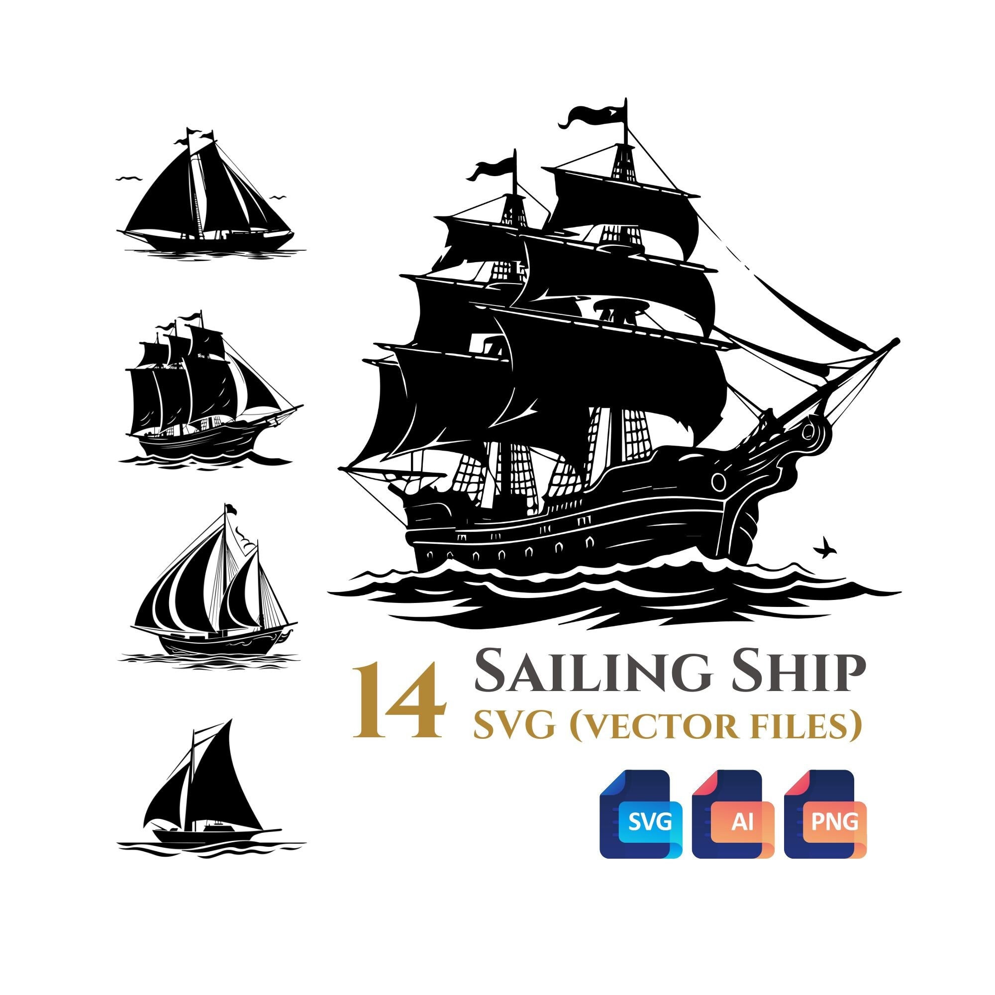 14 Sailing Ship Svg Vector Clipart Bundle, Transparent Background ...