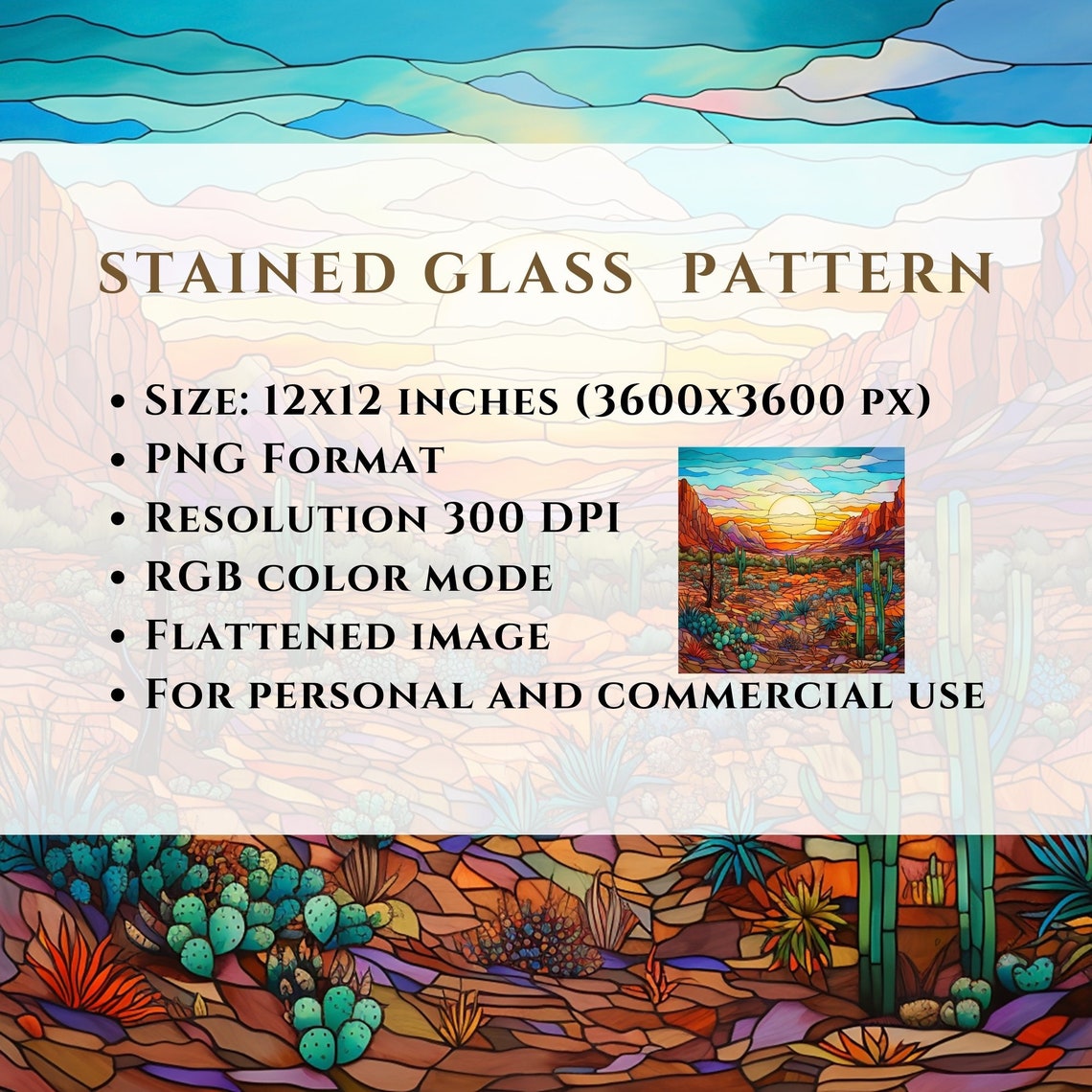 Desert Landscape Stained Glass Pattern, Sublimation Designs, Stained ...
