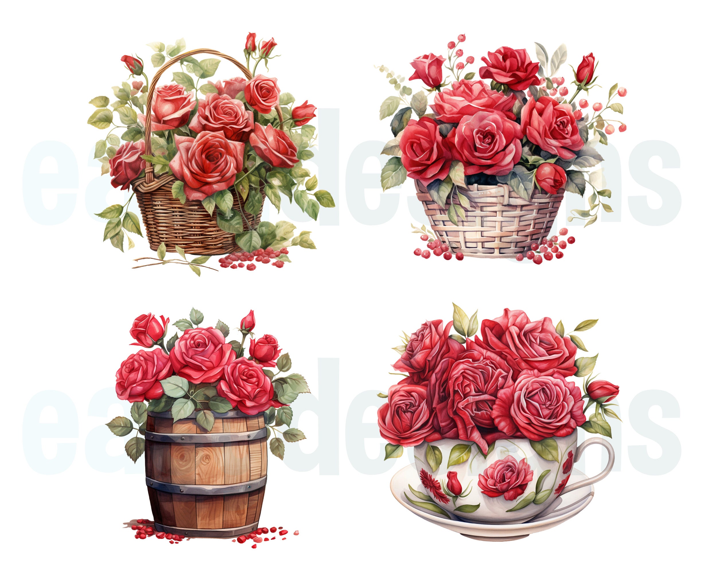 16 Watercolor Red Roses Floral Clipart Bundle, Digital Download PNG ...
