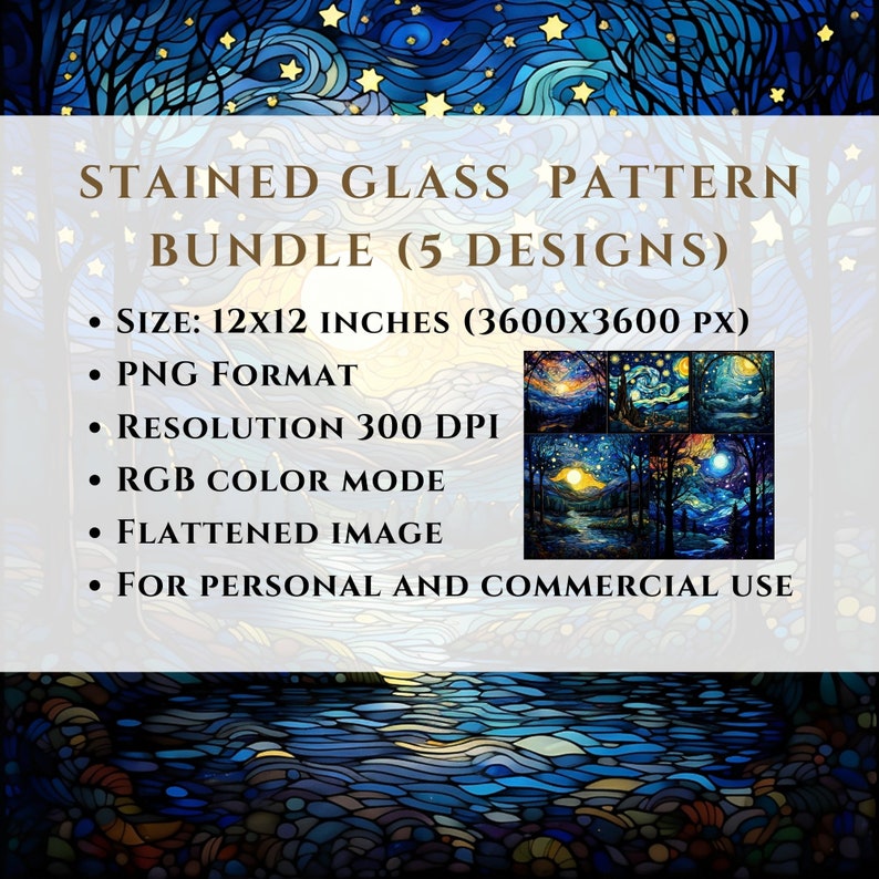 5 Starry Night Stained Glass Pattern Bundle, Sublimation Designs ...