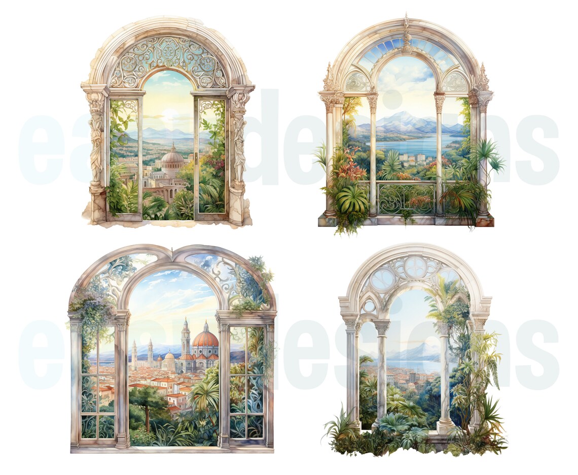 20 Italian Scenic Window View Watercolor Clipart Bundle, Transparent ...