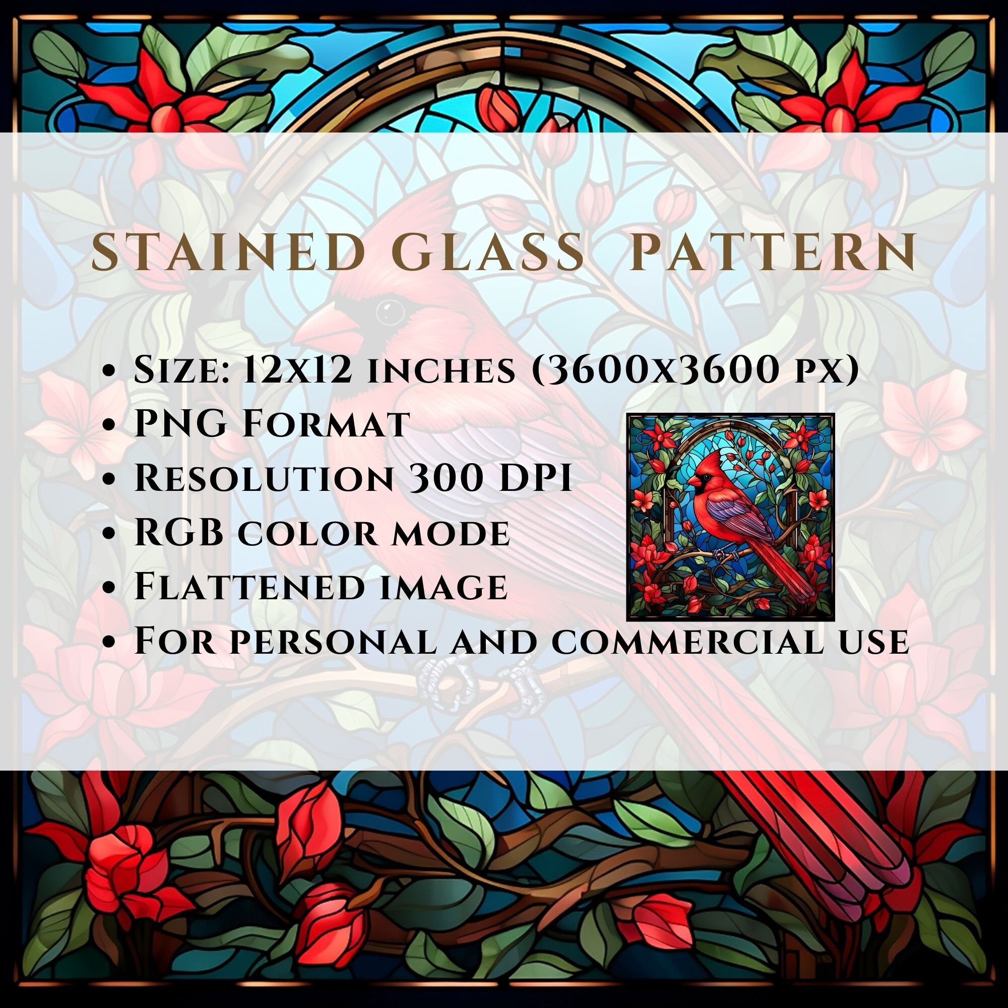 Red Cardinal Bird Stained Glass Pattern, Sublimation Designs, Stained ...