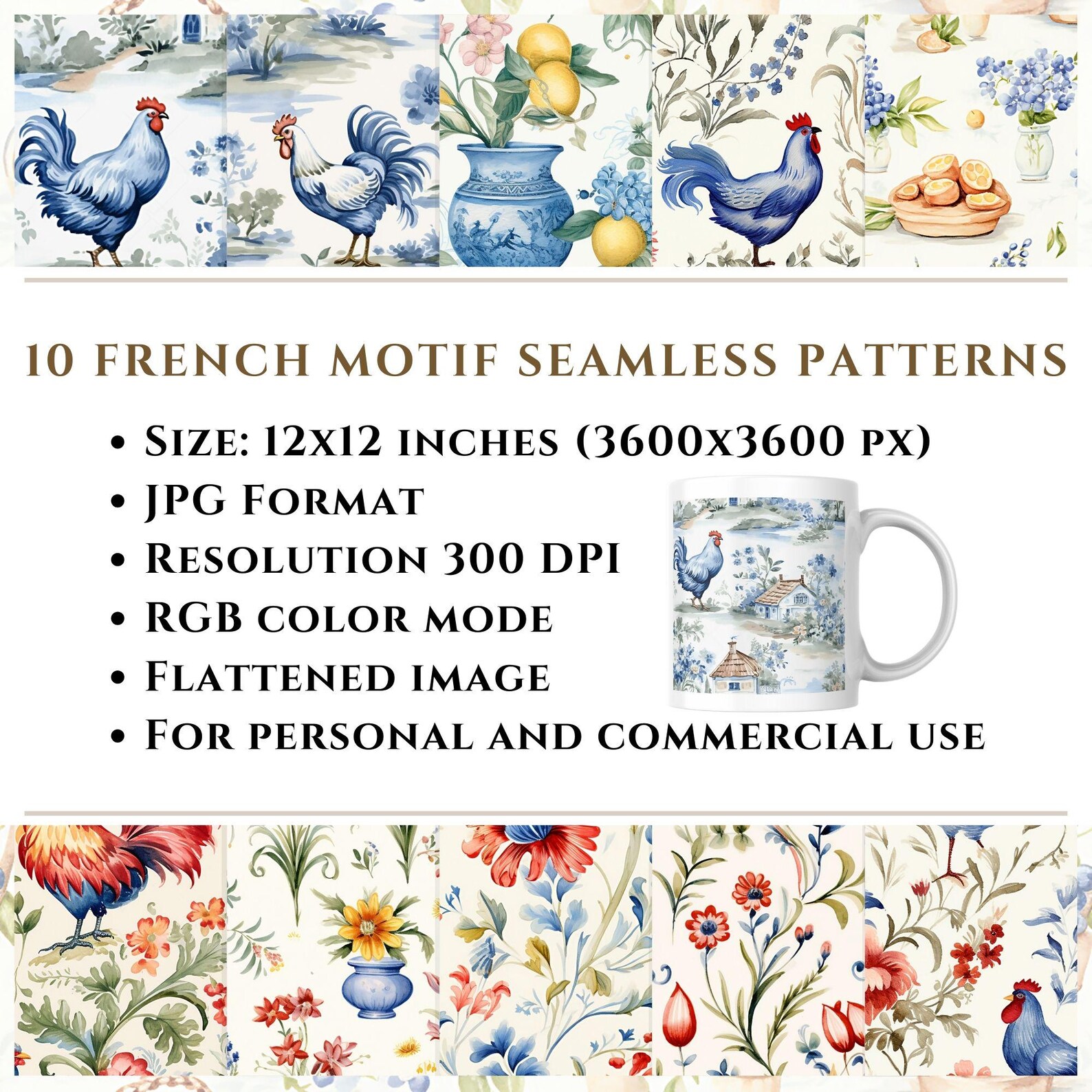 10 French Country Motif Seamless Patterns, Watercolor Style Digital ...