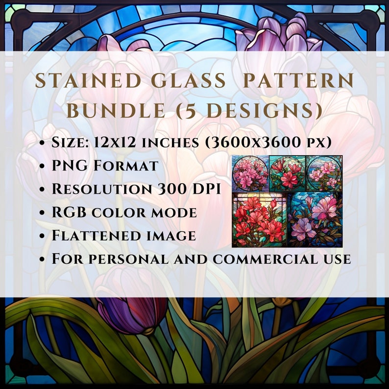 5 Azalea Flowers Stained Glass Pattern Bundle, Sublimation Designs ...